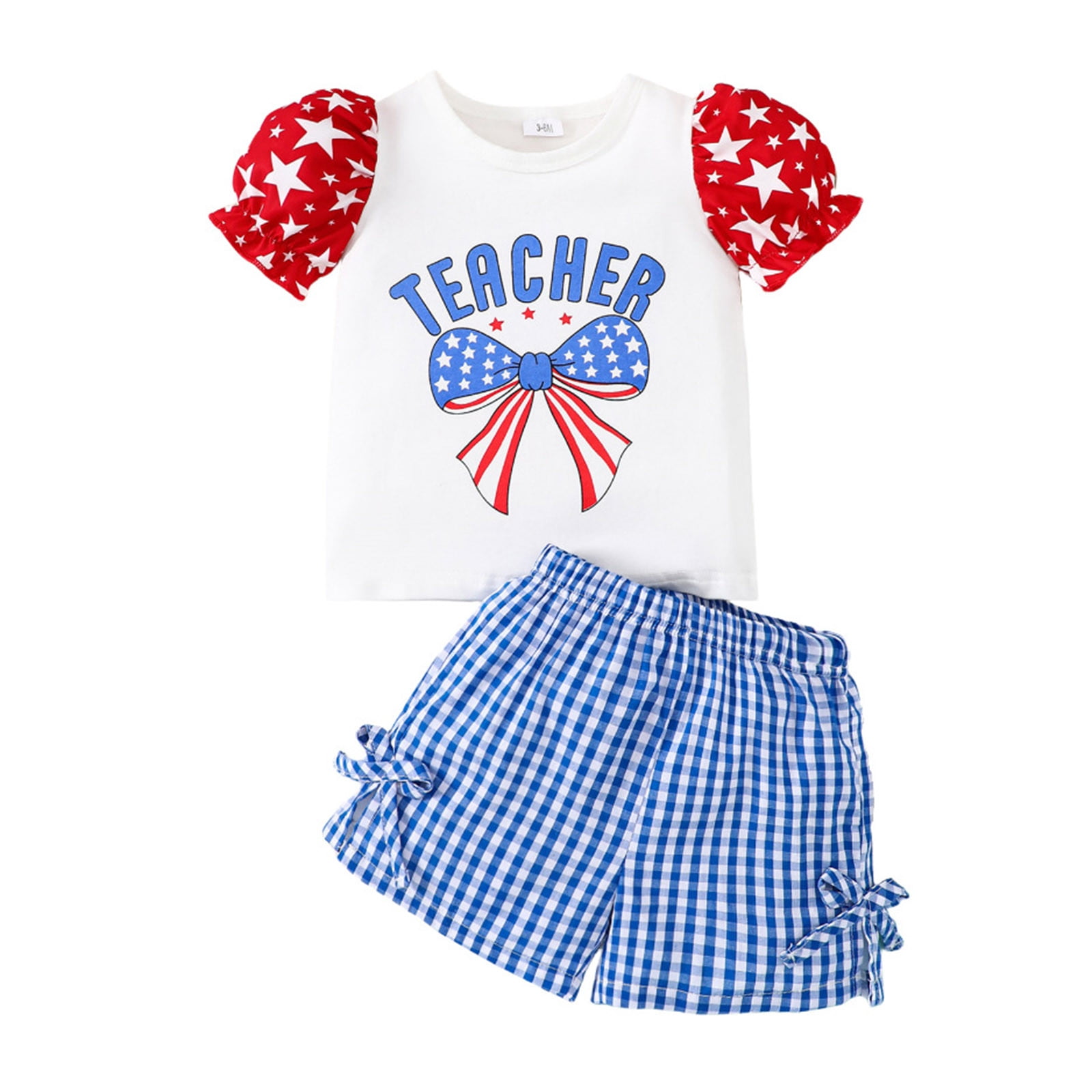 TOOYOU Girls Summer Outfit Sets Toddler 4th Of July Short Sleeve Prints T Shirt Tops Plaid ...