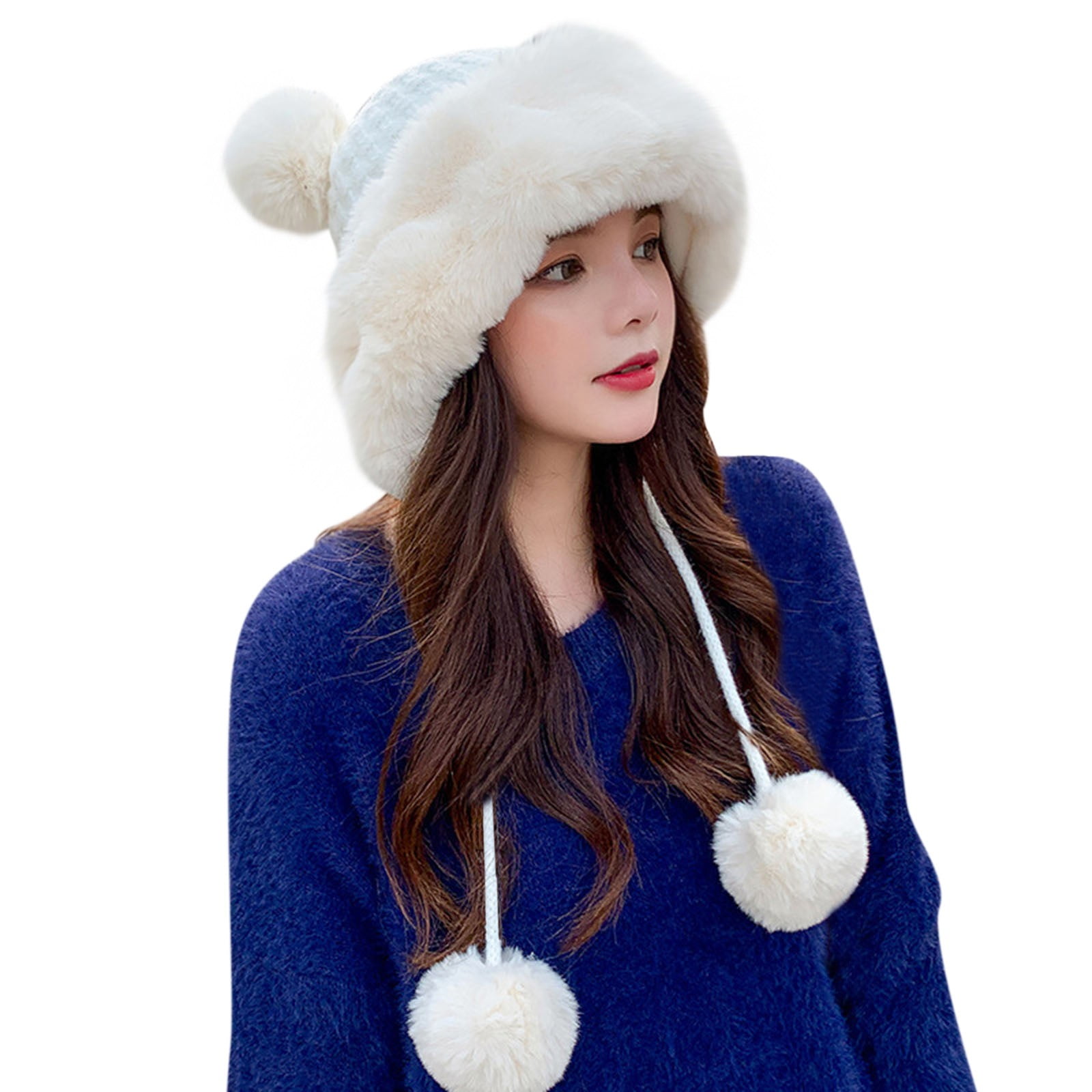 TOOYOU Women Winter Hat Crochet Ear Cover Plush Wide Brim With Fur Ball ...