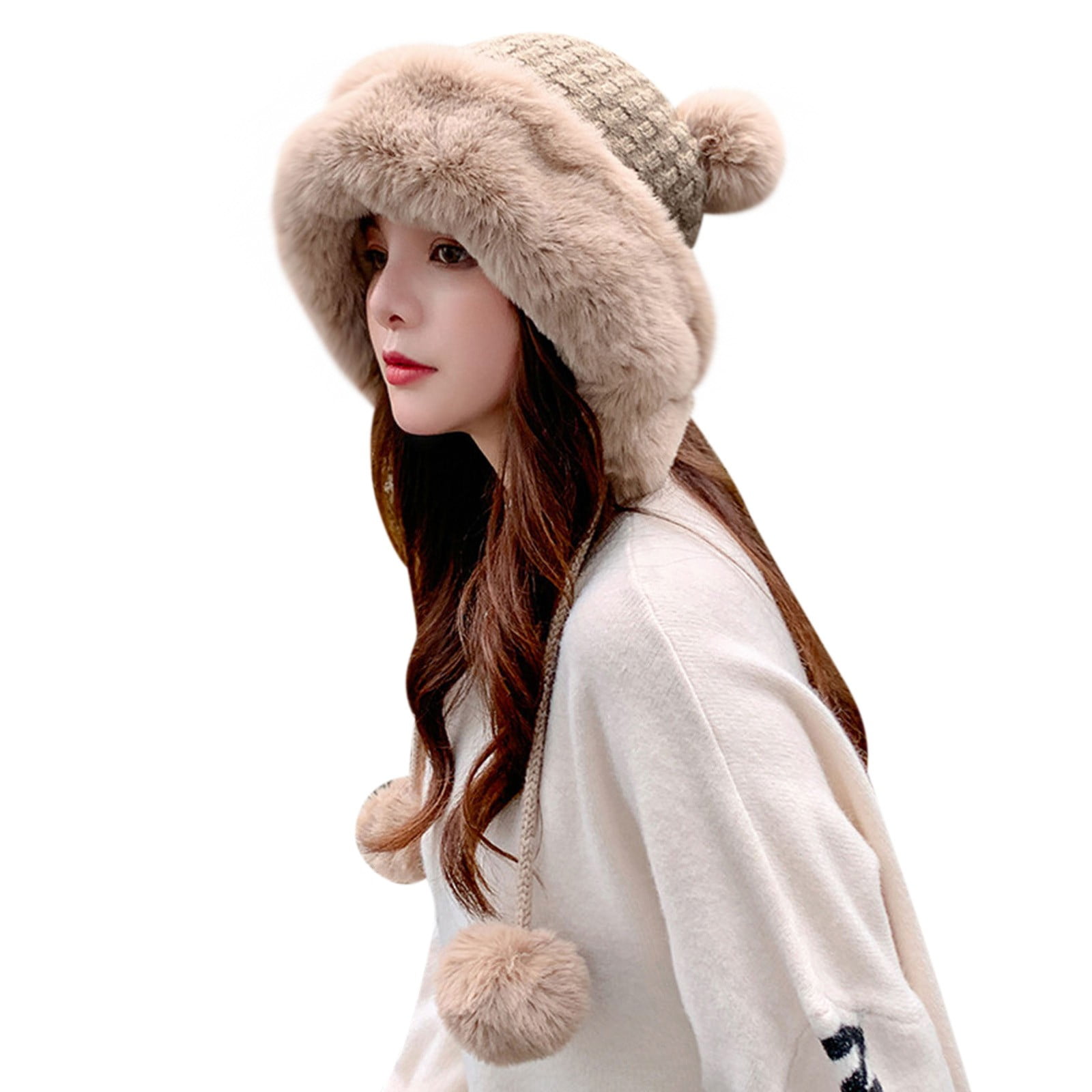 TOOYOU Women Winter Hat Crochet Ear Cover Plush Wide Brim With Fur Ball ...