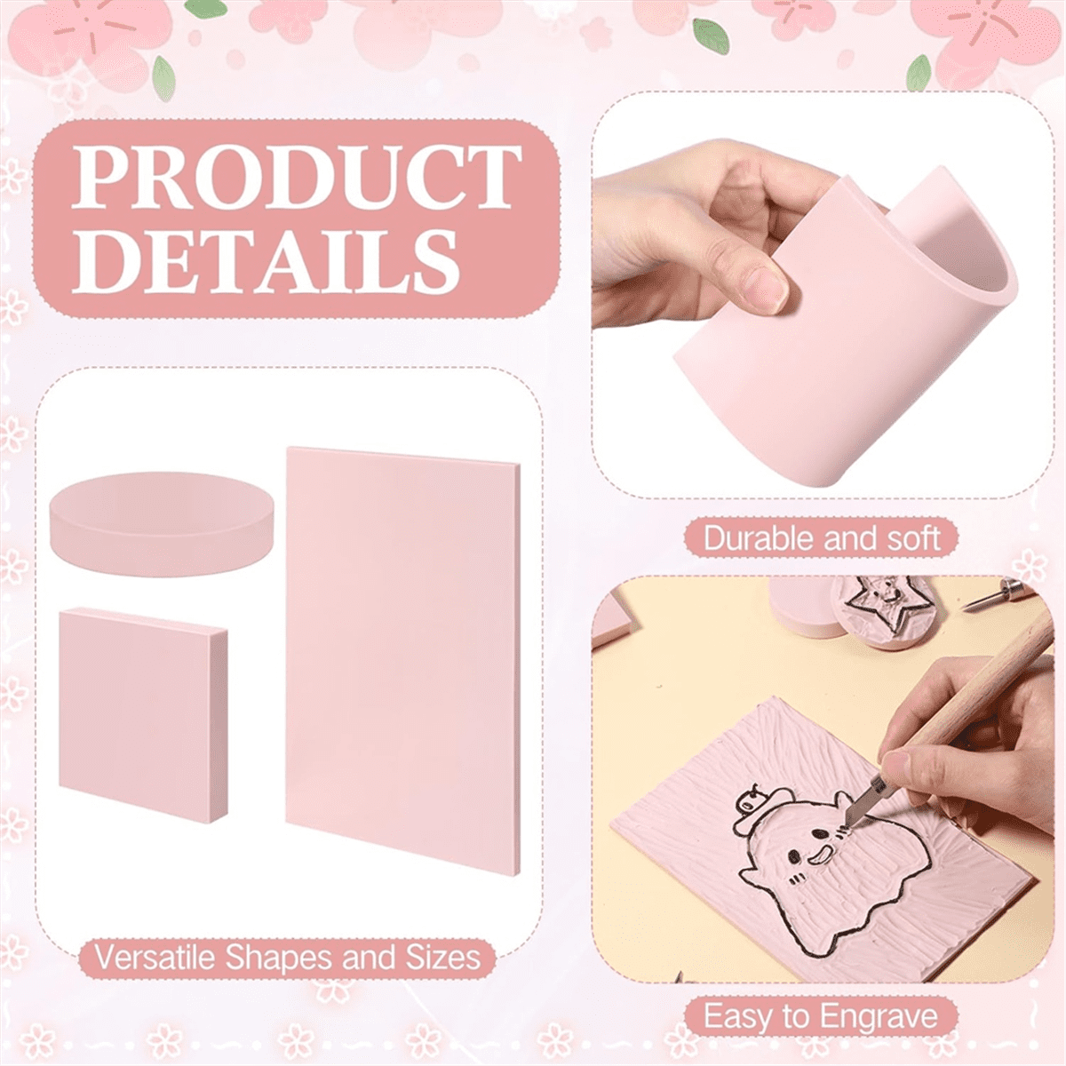 TOP! 18 Pieces Rubber Stamp Carving Blocks Pink Soft Linoleum Kit for ...