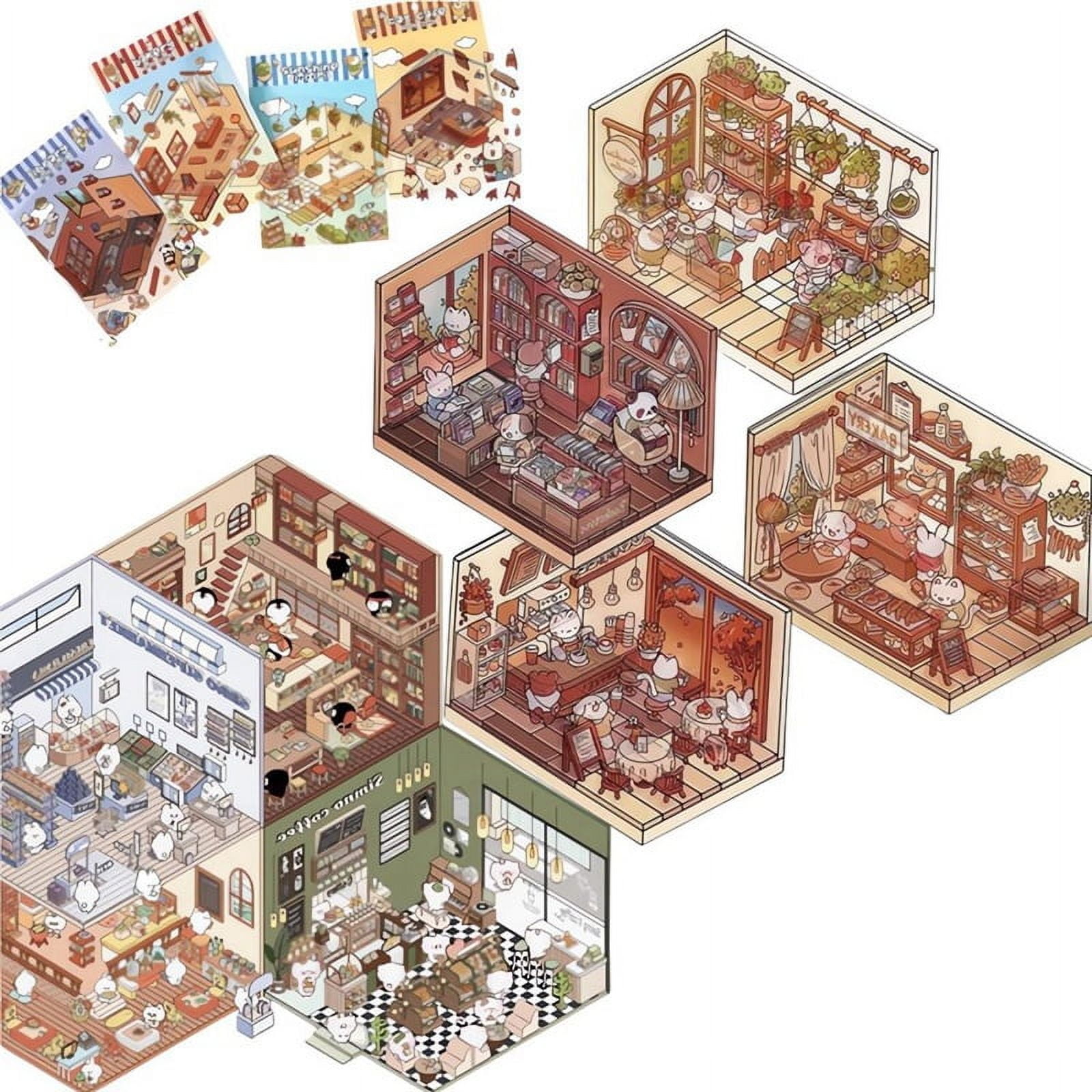 TOP! 4 Sets DIY 3D House Stickers, Cute Cartoon Scene Fun Stickers Make ...