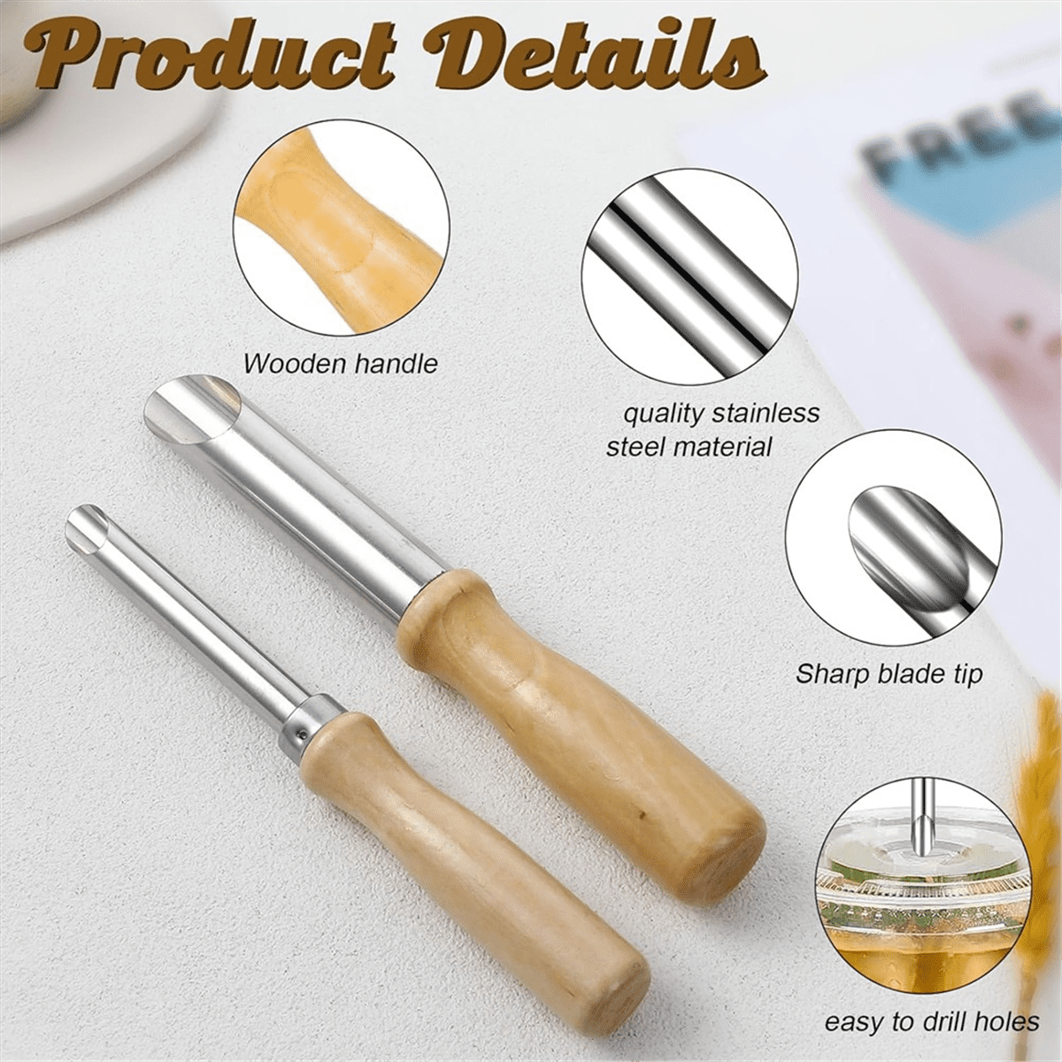 TOP! 4 Sizes Straw Punch with Wooden Handle, Round Hole Making Tool for ...