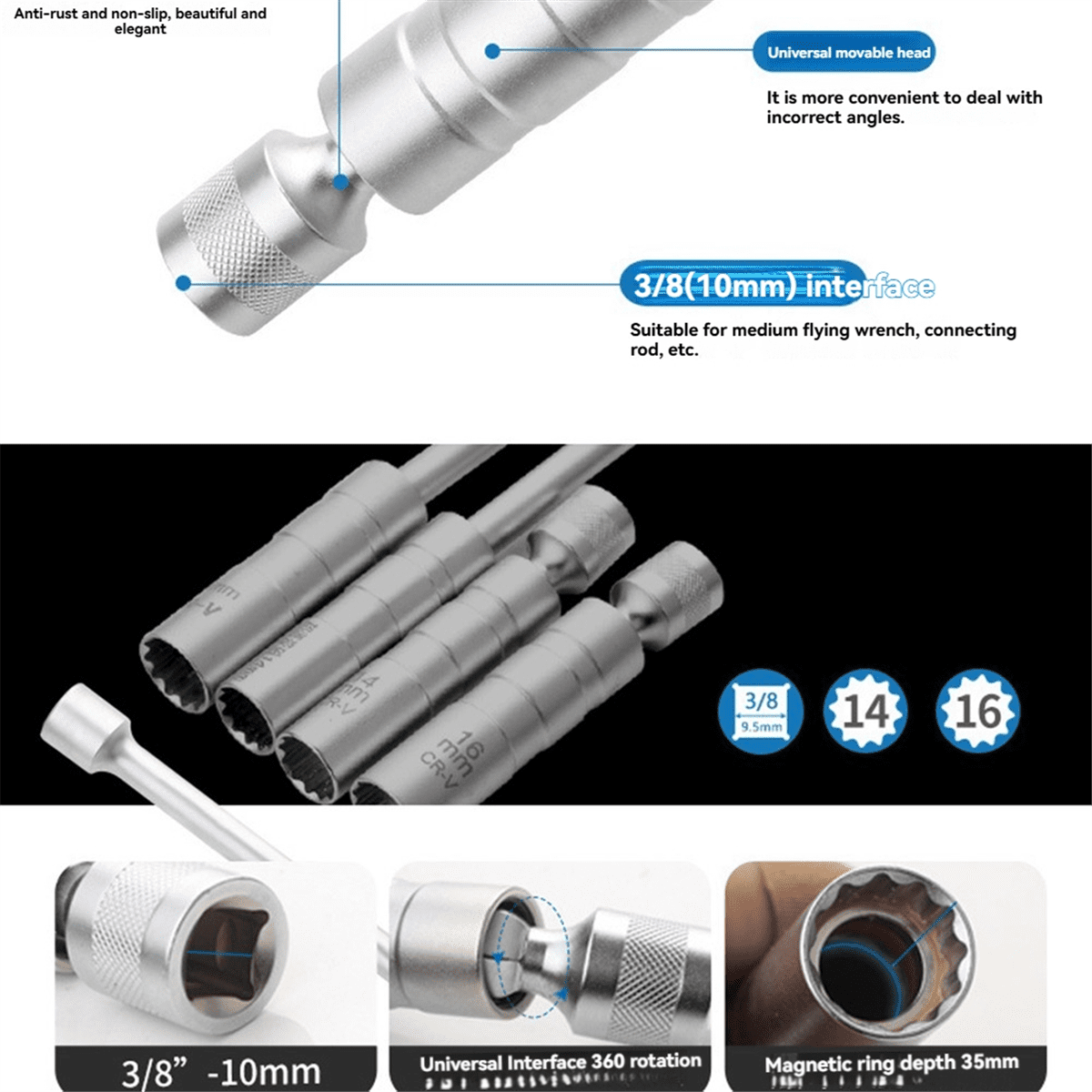 TOP! Extend Spark Plug Socket Wrench 12 Angle Repairing Removal Tool ...