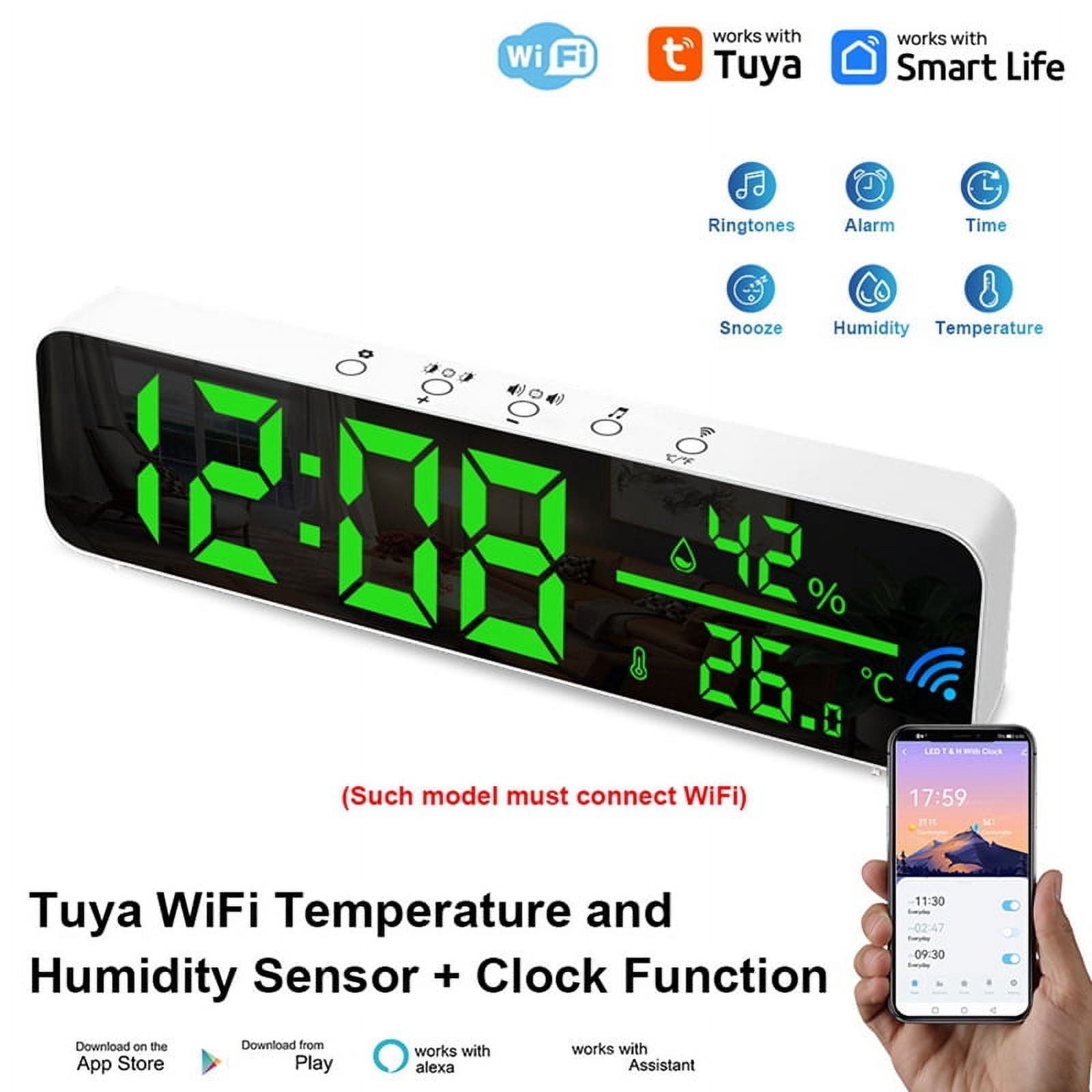 TOP! Tuya Wifi Temperature and Humidity Alarm Clock Multi-Function LED ...