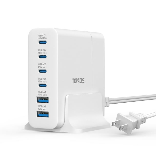 TOPADRE 160W GaN Charger Hub: 4 USB-C + 2 USB-A Ports, 100W PD Fast Charging for Laptop/Phone ...