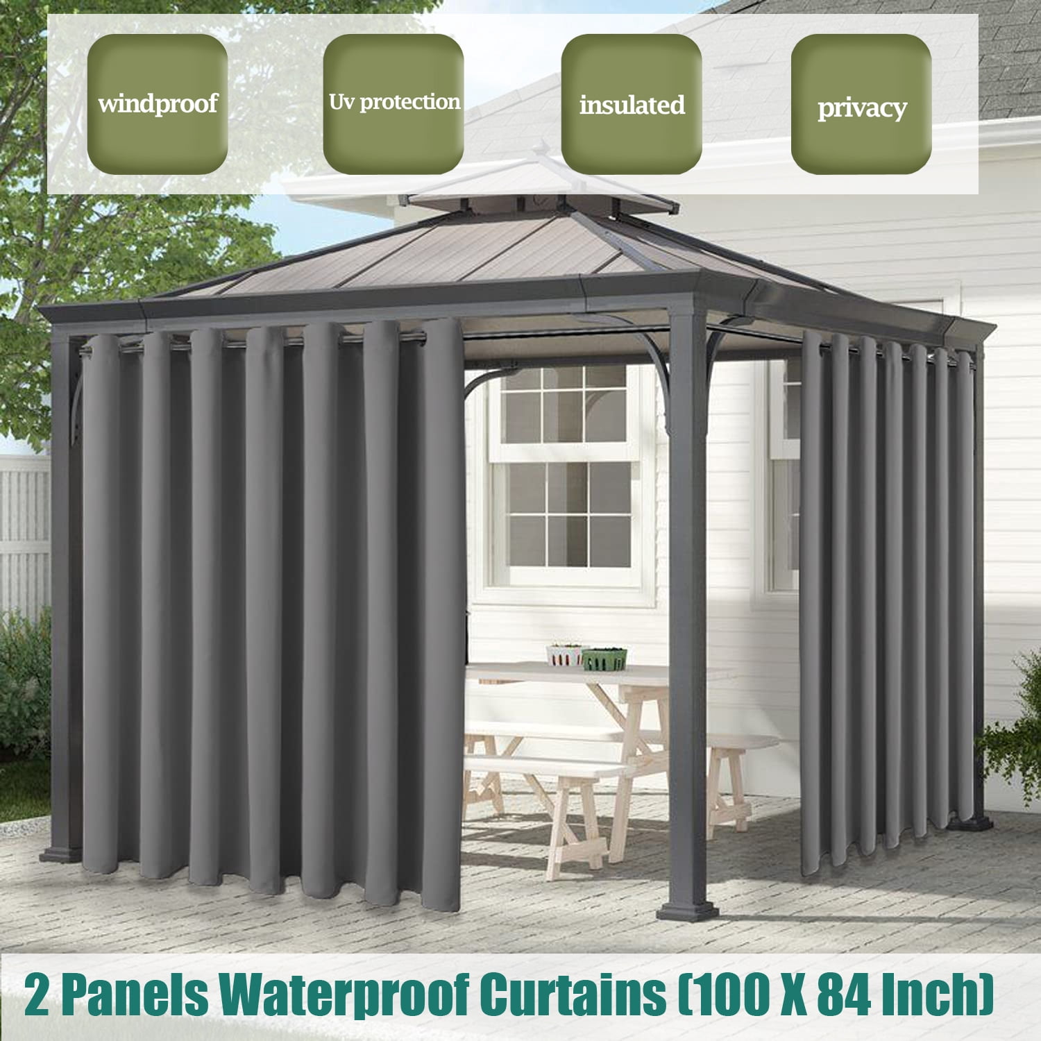 TOPCHANCES 2 Panels Grey Outdoor Curtains for Patio Waterproof Extra ...