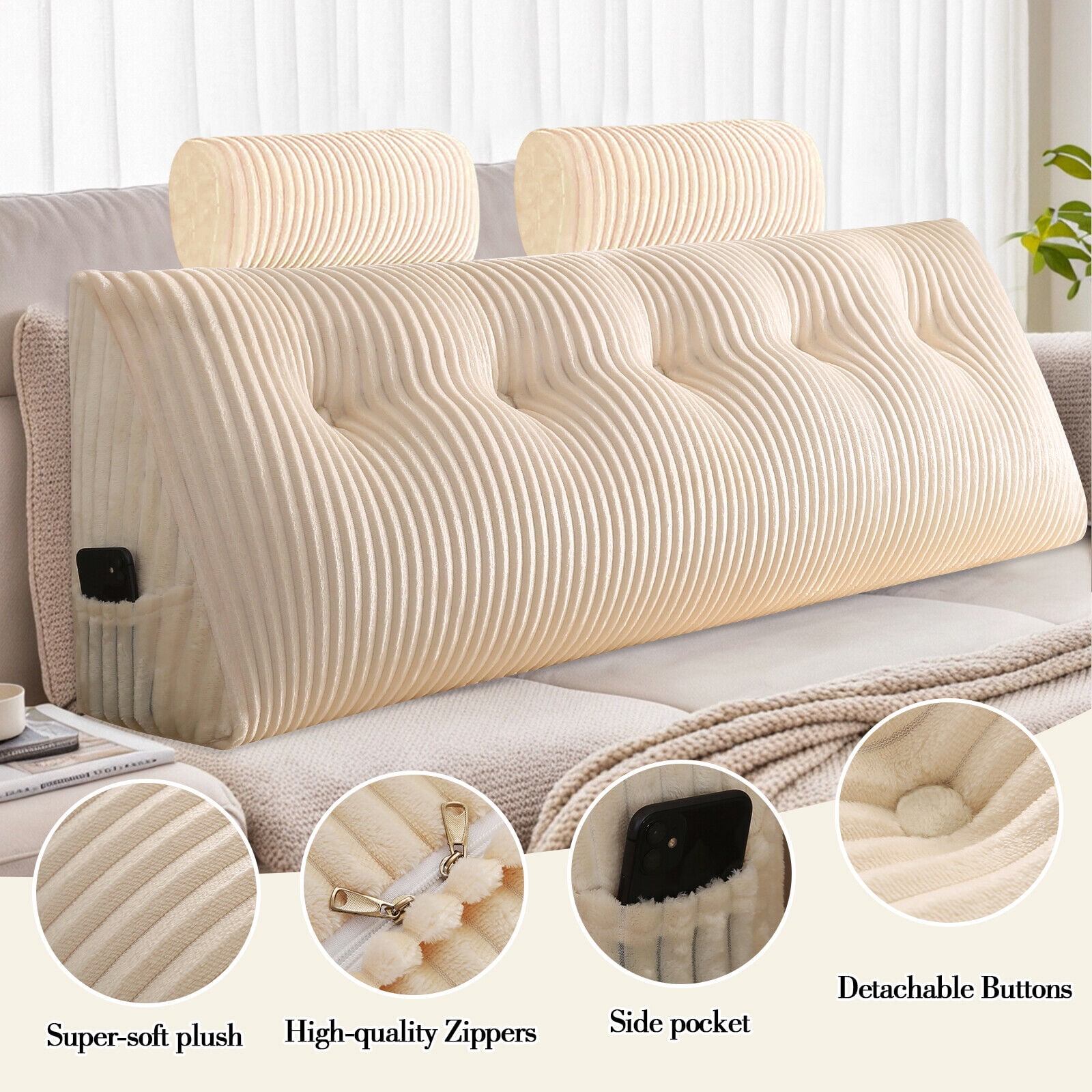 TOPCHANCES Headboard Reading Pillow with Pocket, Queen Size Triangular ...