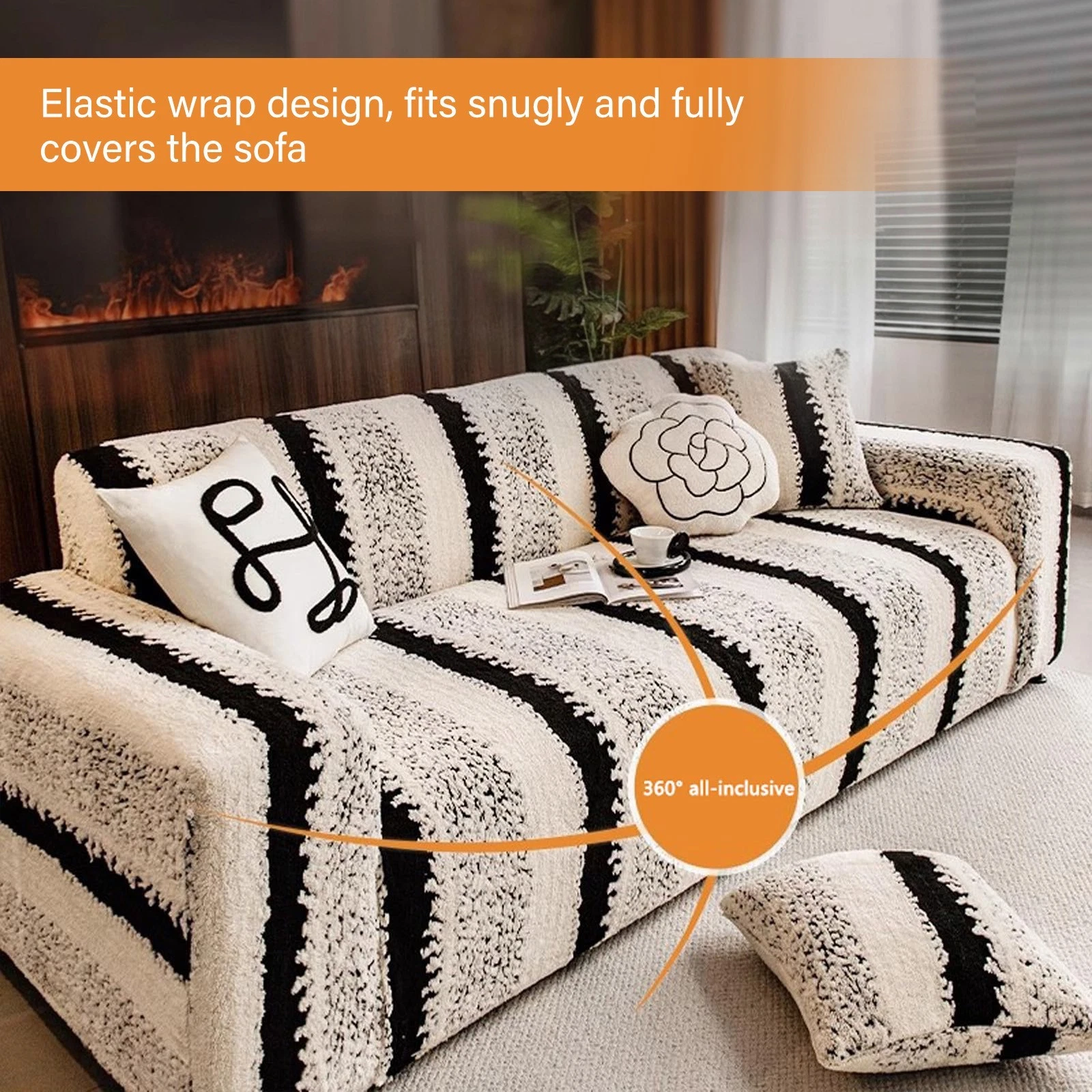 TOPCHANCES Stretch Stripe Sofa Covers, Soft Cotton Blend Velvet Fabric ...