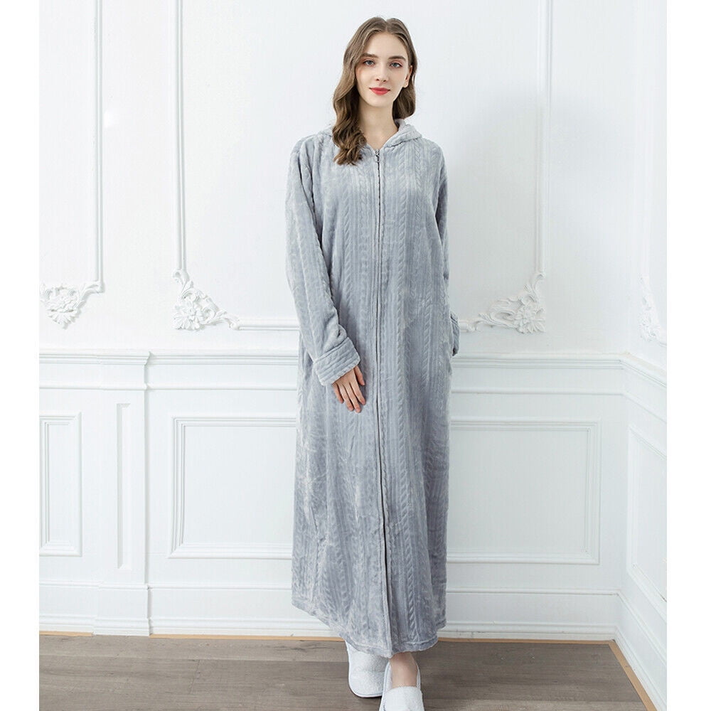 TOPCHANCES Womens Flannel Hooded Long Robe, Winter Thick Warm Bathrobes with Pockets & Zipper ...
