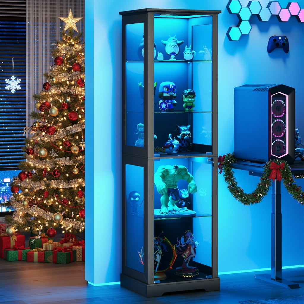 TOPCOMFY 70.8" Display Cabinet with Glass Doors, 5-Tier Curio Cabinet ...