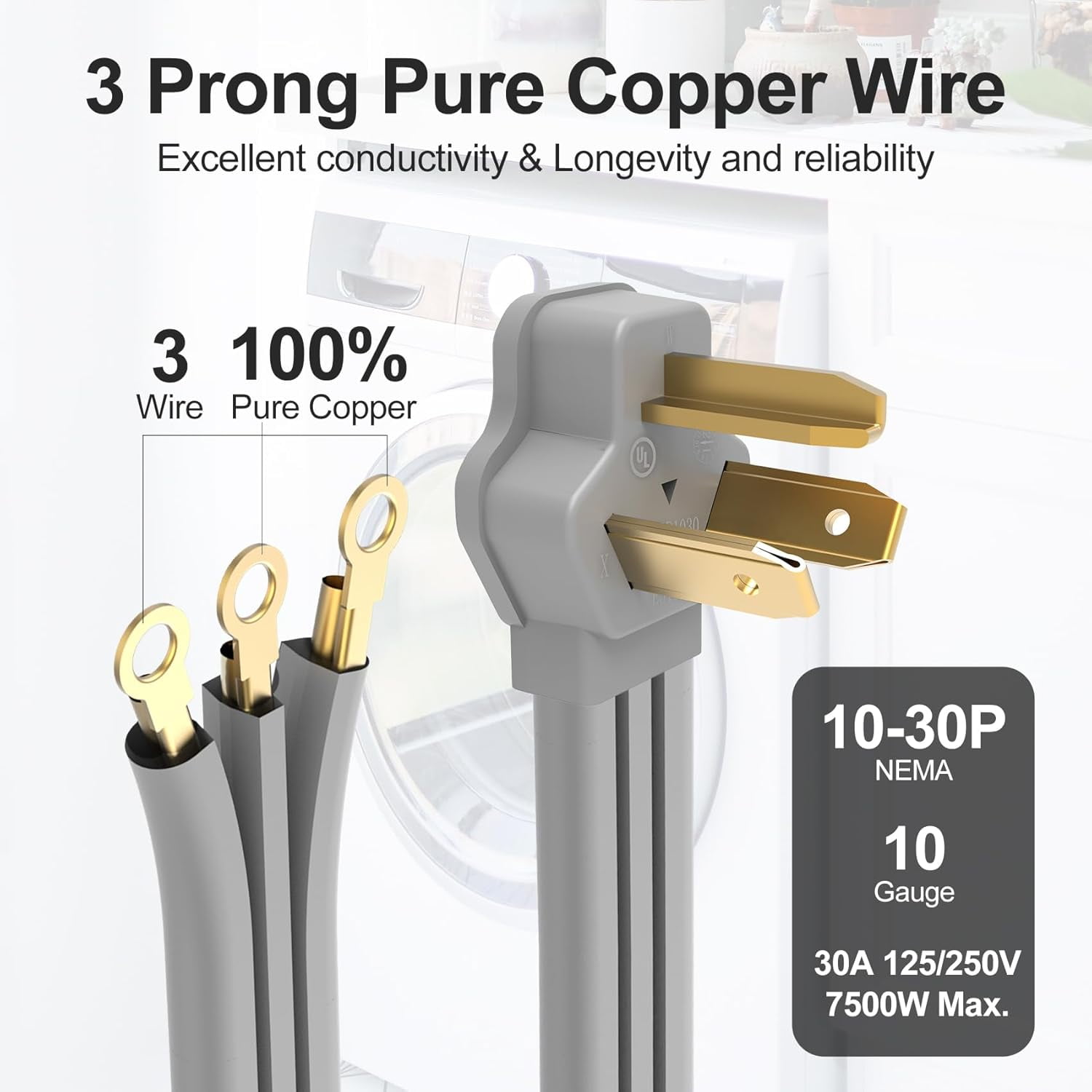 TOPDC 3 Prong Dryer Cord, 30 AMP Appliance Power Cord 10 Feet, 3 Wires ...
