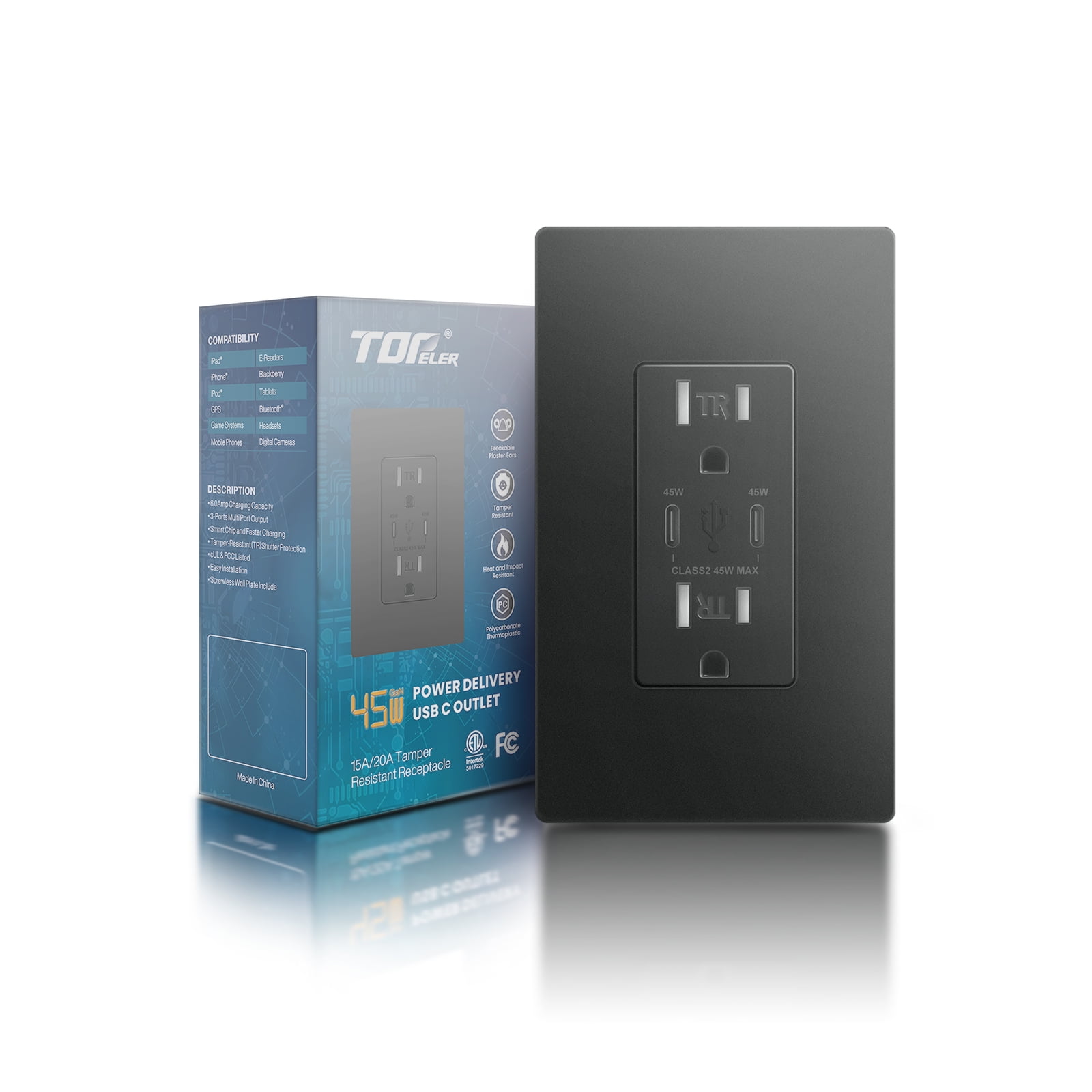 TOPELER PD USB Wall Outlet, 45w Fast Speed 2 Type-C Ports Charger ...
