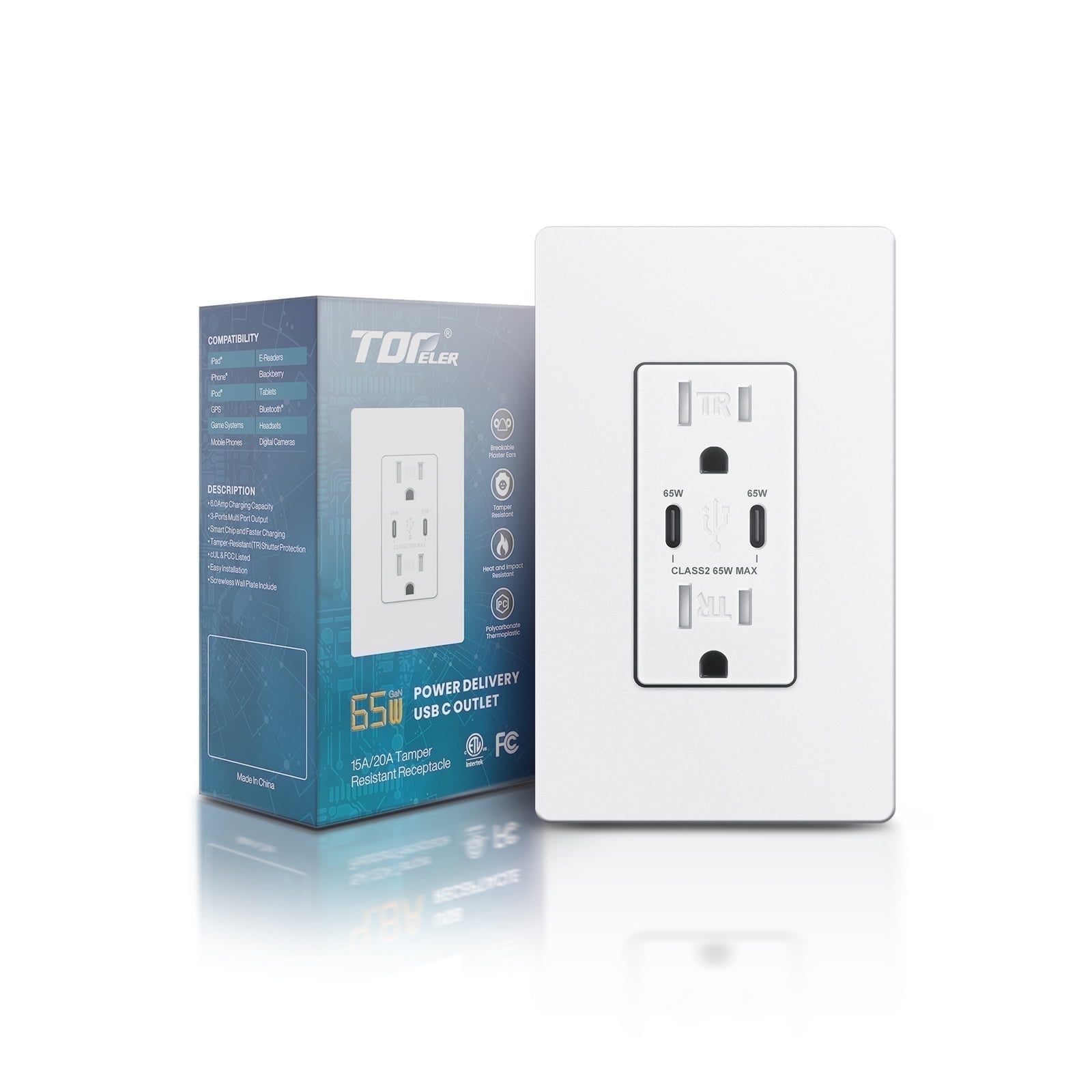 TOPELER PD USB Wall Outlet, 65w GaN High-Speed 2 Type-C Ports Charger ...