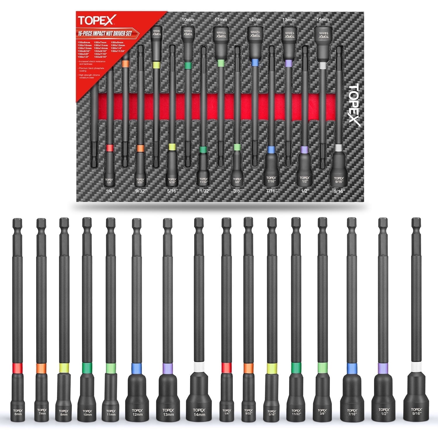 TOPEX 16Pcs Magnetic Impact Nut Driver Set Impact Grade Socket ...