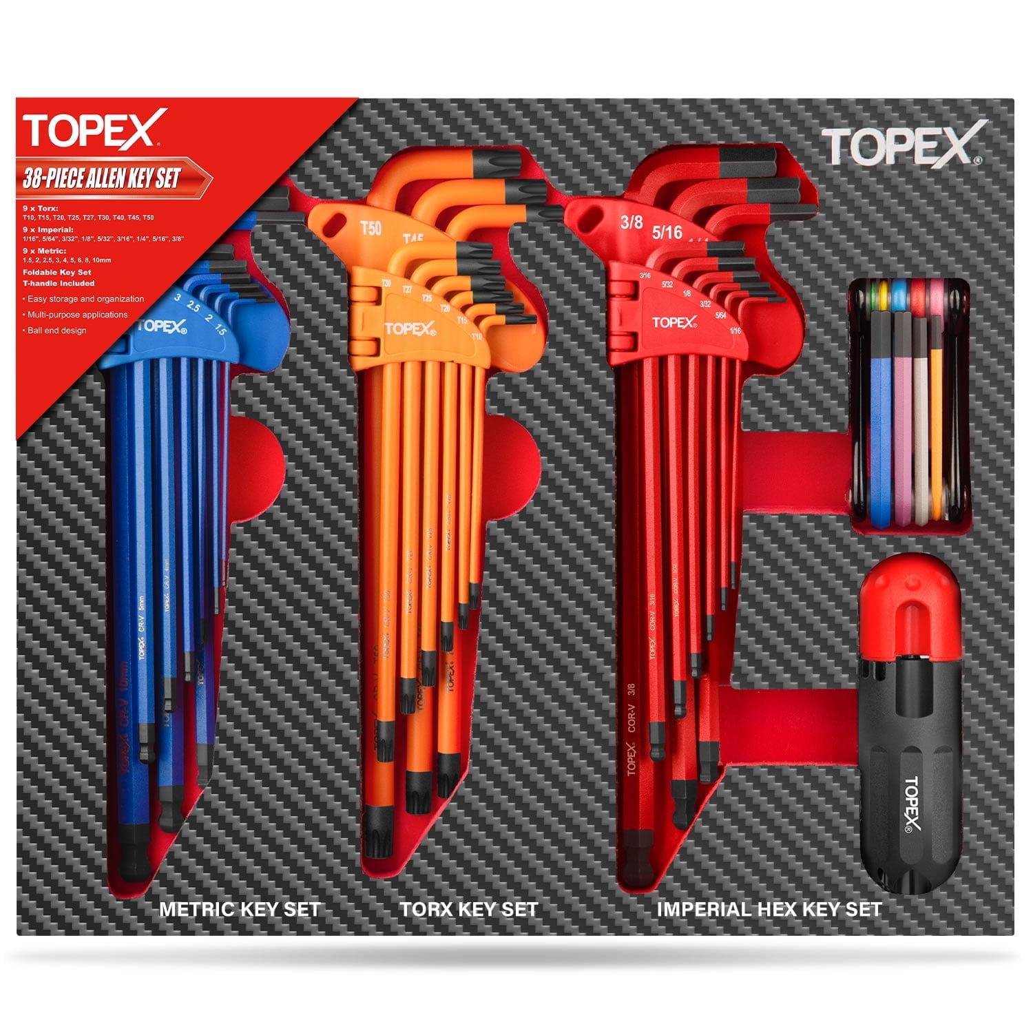 TOPEX 38Pcs Allen Key Set Hex Key Allen Wrench Folding Hex Key Ball End ...