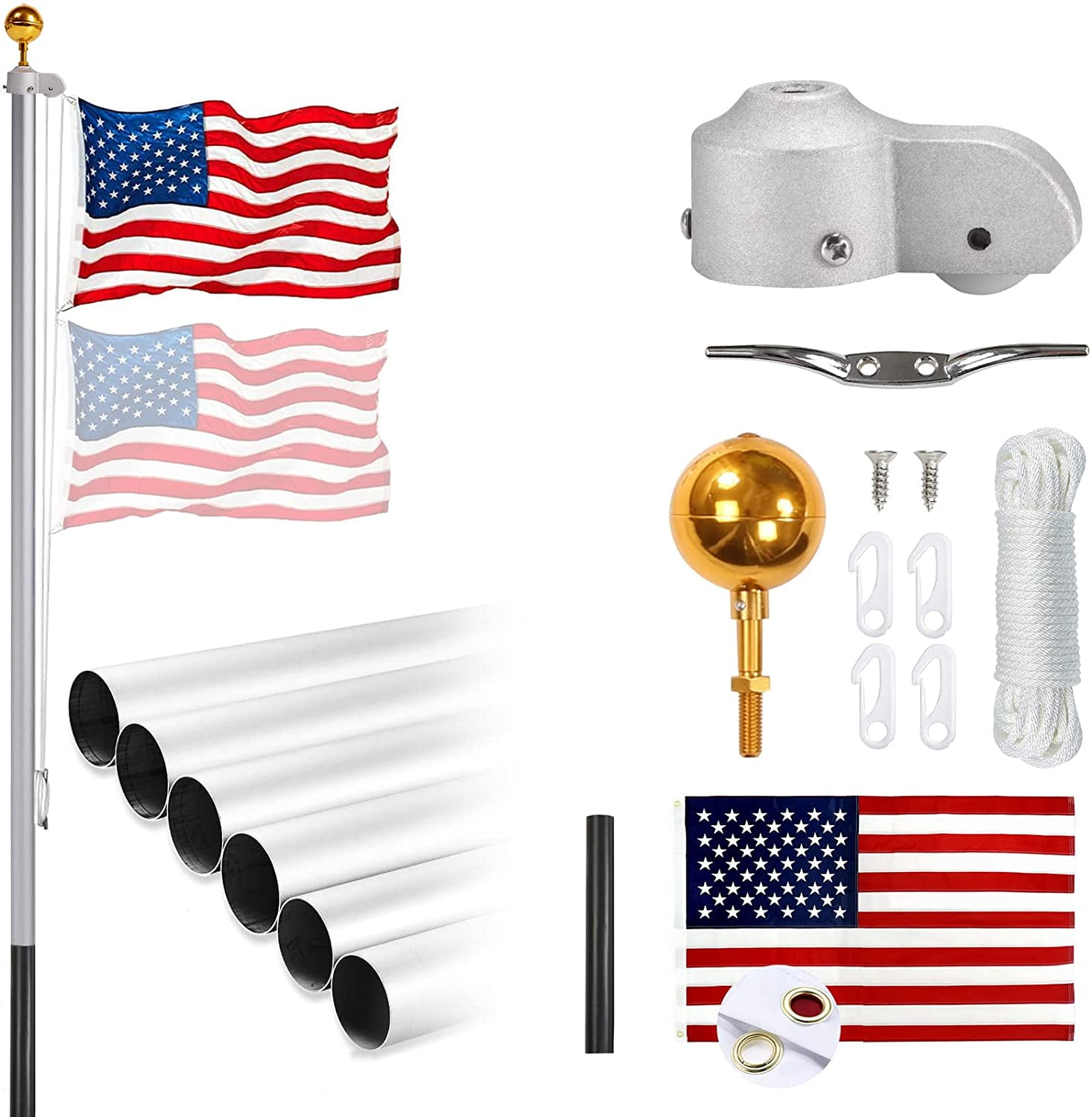 USA TOP Flags 20FT Aluminum Flagpole Kit with Embroidered Nylon Flag ...