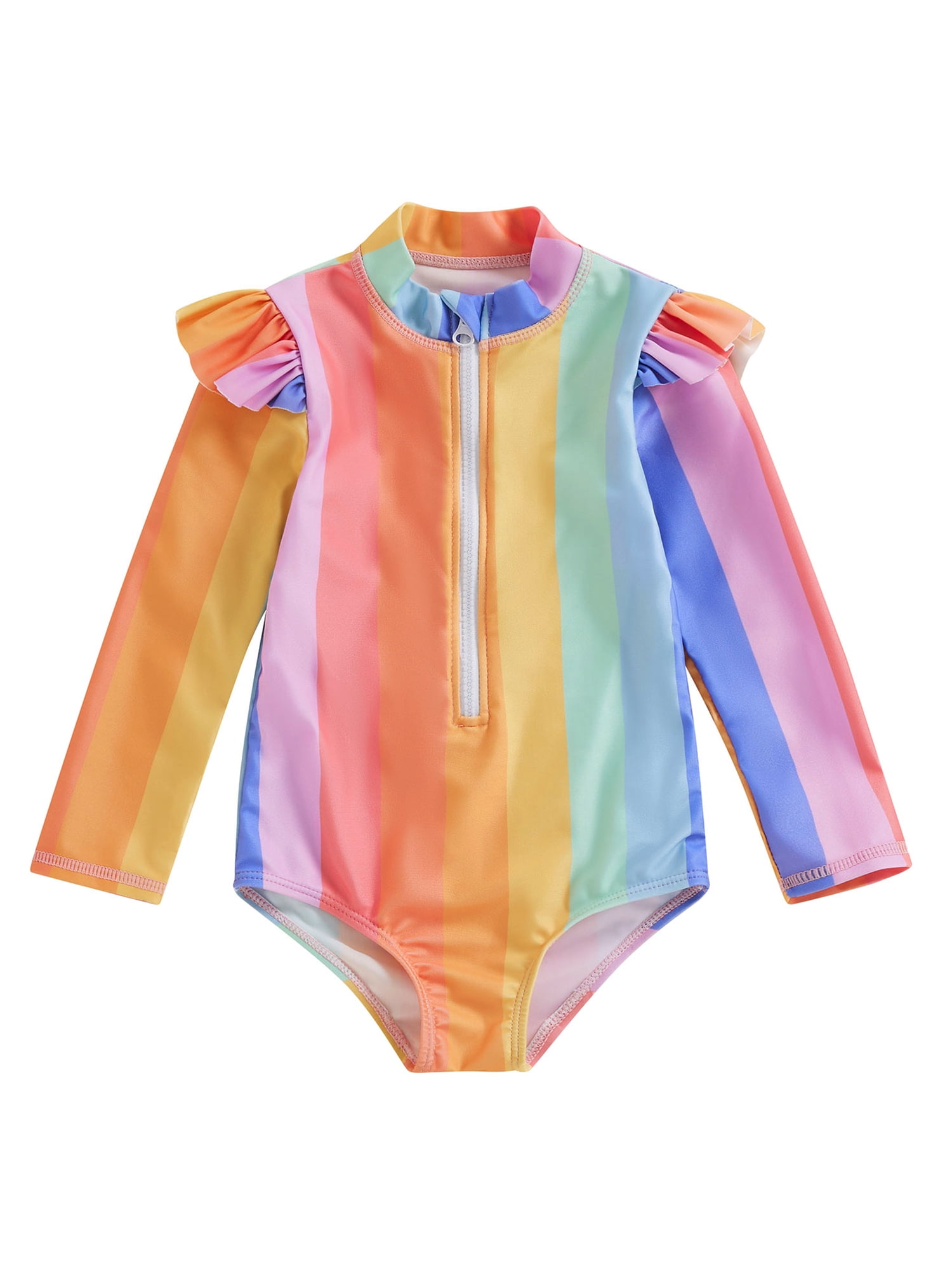 TOPGOD Baby Girls Swimsuit Ruffled Long Sleeve Zip Up Rainbow Striped ...