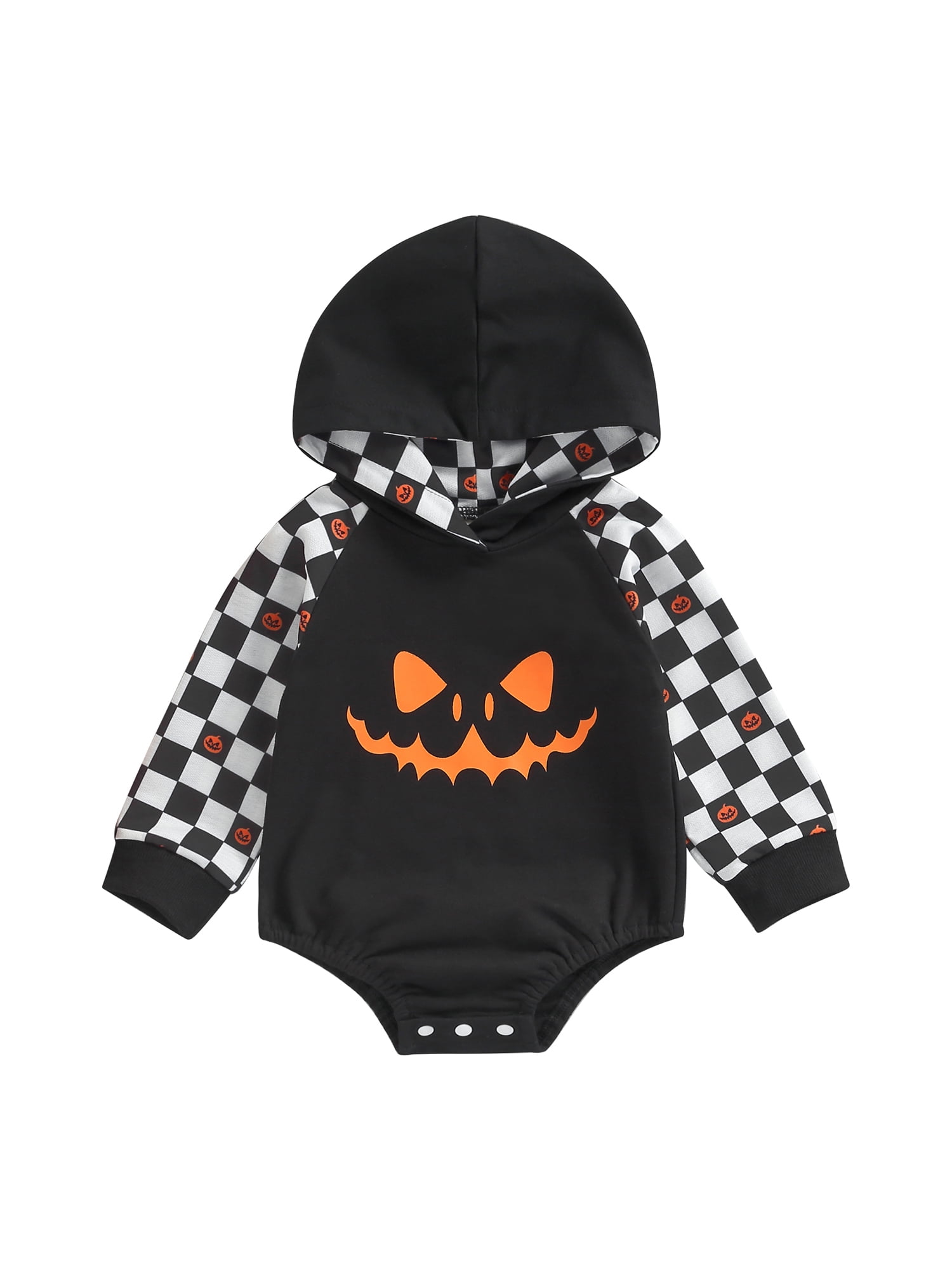 TOPGOD Baby Halloween Romper Cute Cartoon Pumpkin Print Patchwork Checkerboard Plaid Long Sleeve ...