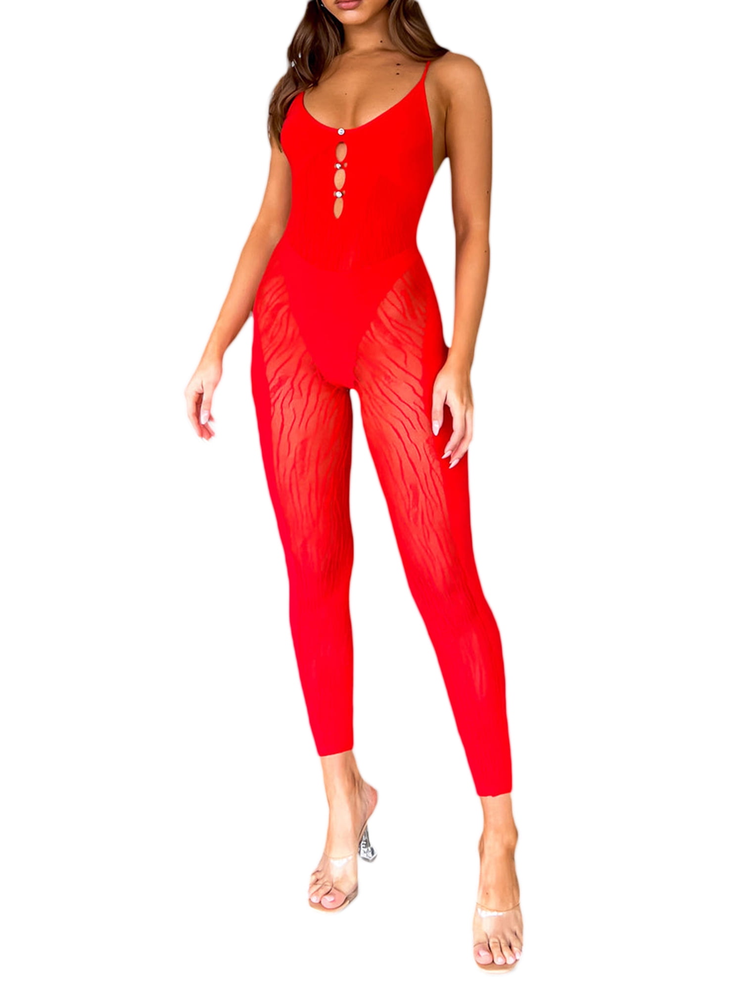 TOPGOD Bodysuit for Women See-Through Mesh Sheer Bodycon Jumpsuit Low ...