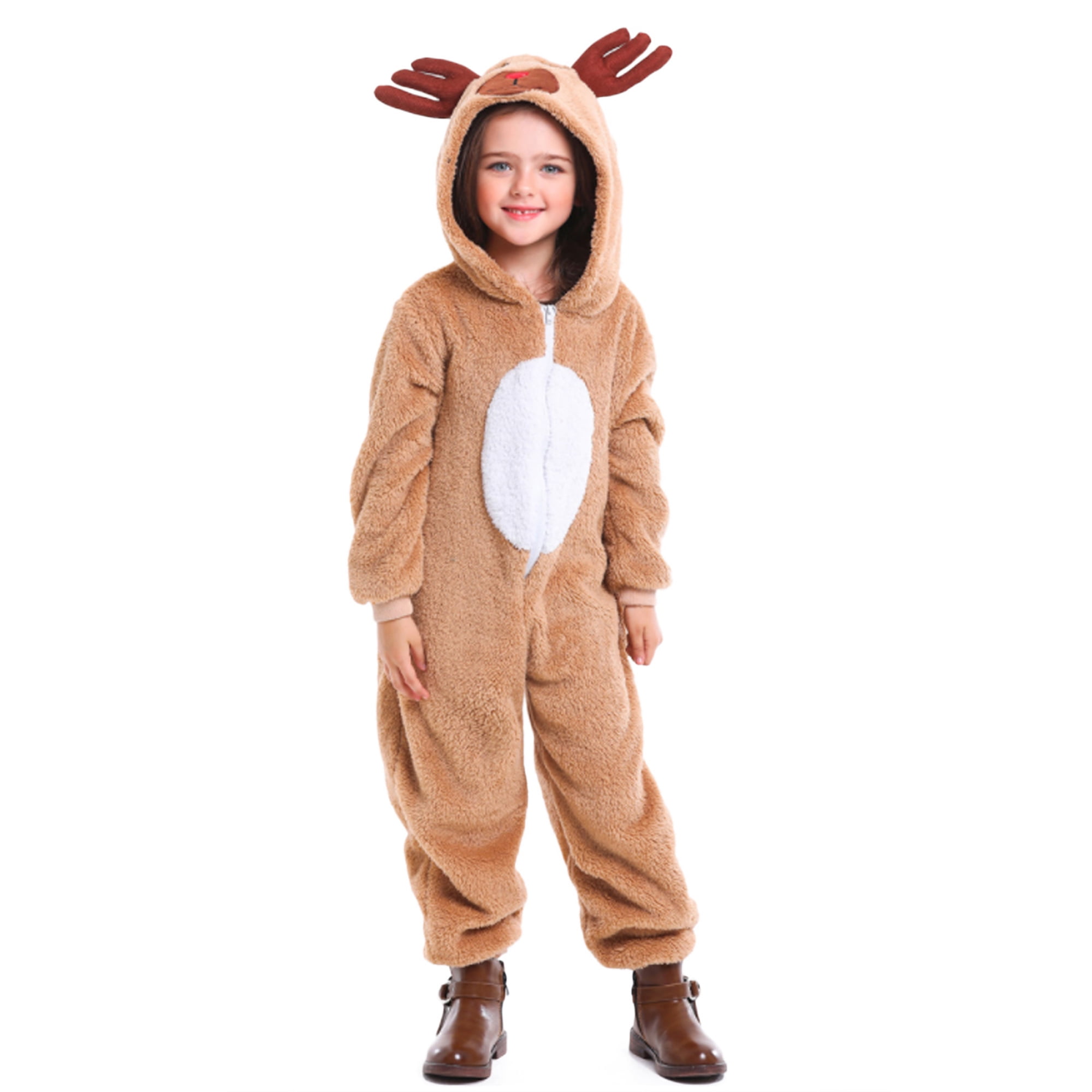 TOPGOD Christmas Reindeer Costume, Long Sleeve Zip Up One Piece ...