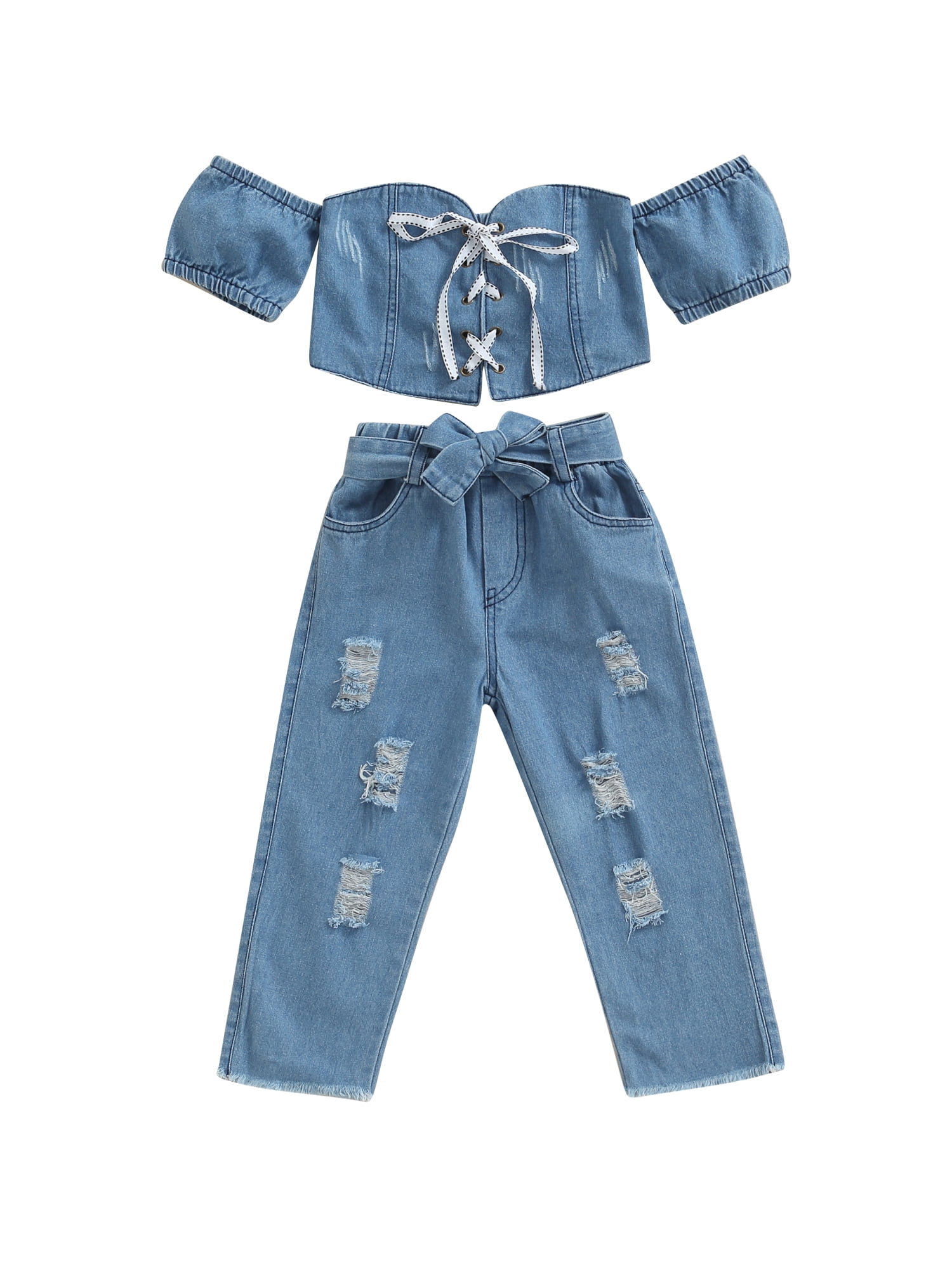 TOPGOD Kid Girl Denim Outfits Sets, Off Shoulder Short Sleeve Lacing ...