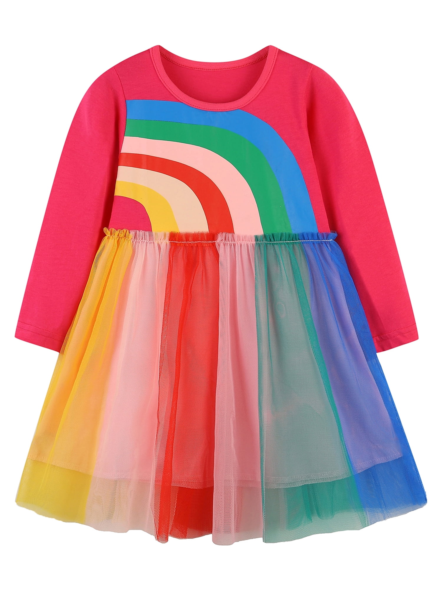 TOPGOD Kid Girl Mesh Rainbow Dress, Long Sleeve Round Neck Patchwork ...