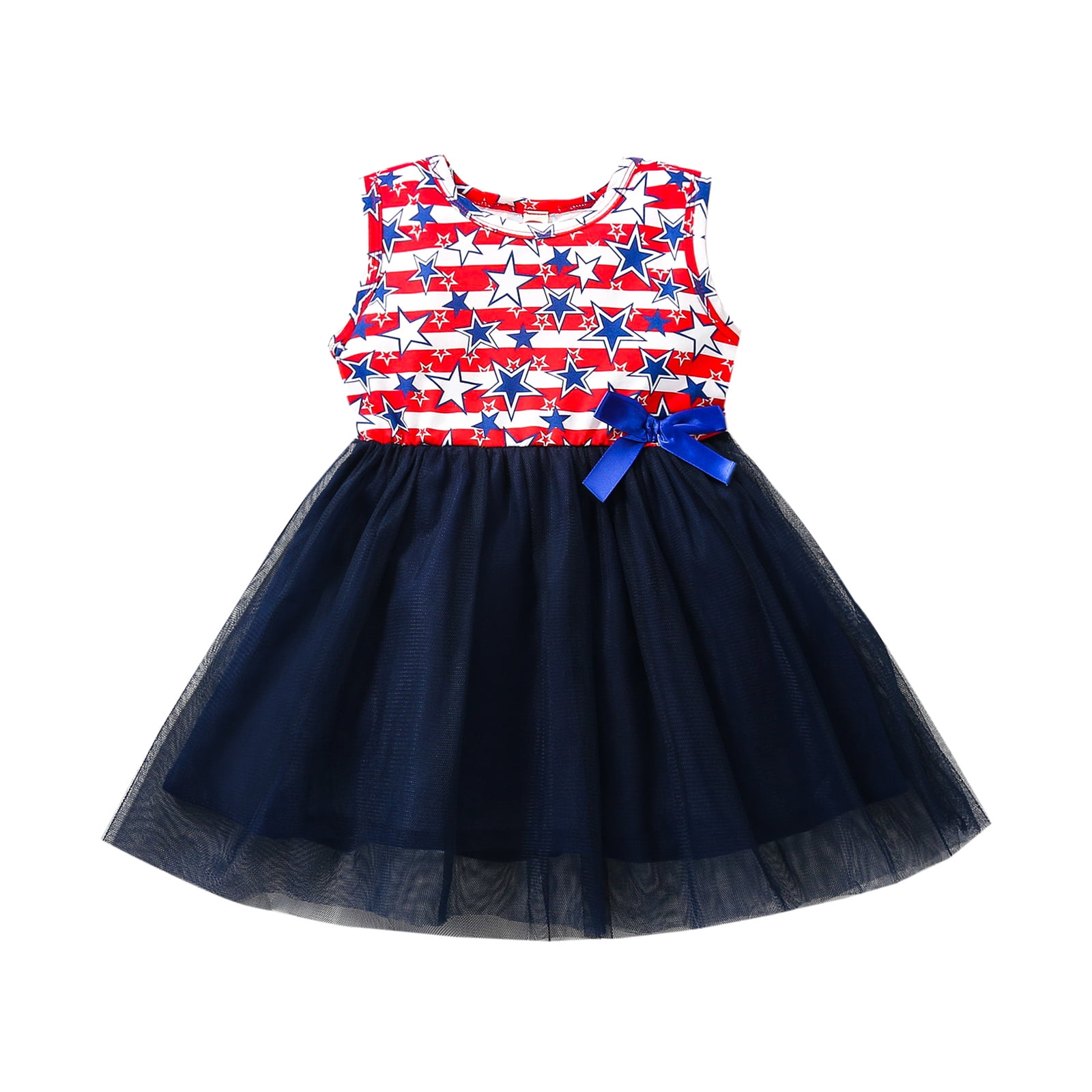 TOPGOD Kids Dress, Star Stripe Print Round Collar Sleeveless One-Piece ...