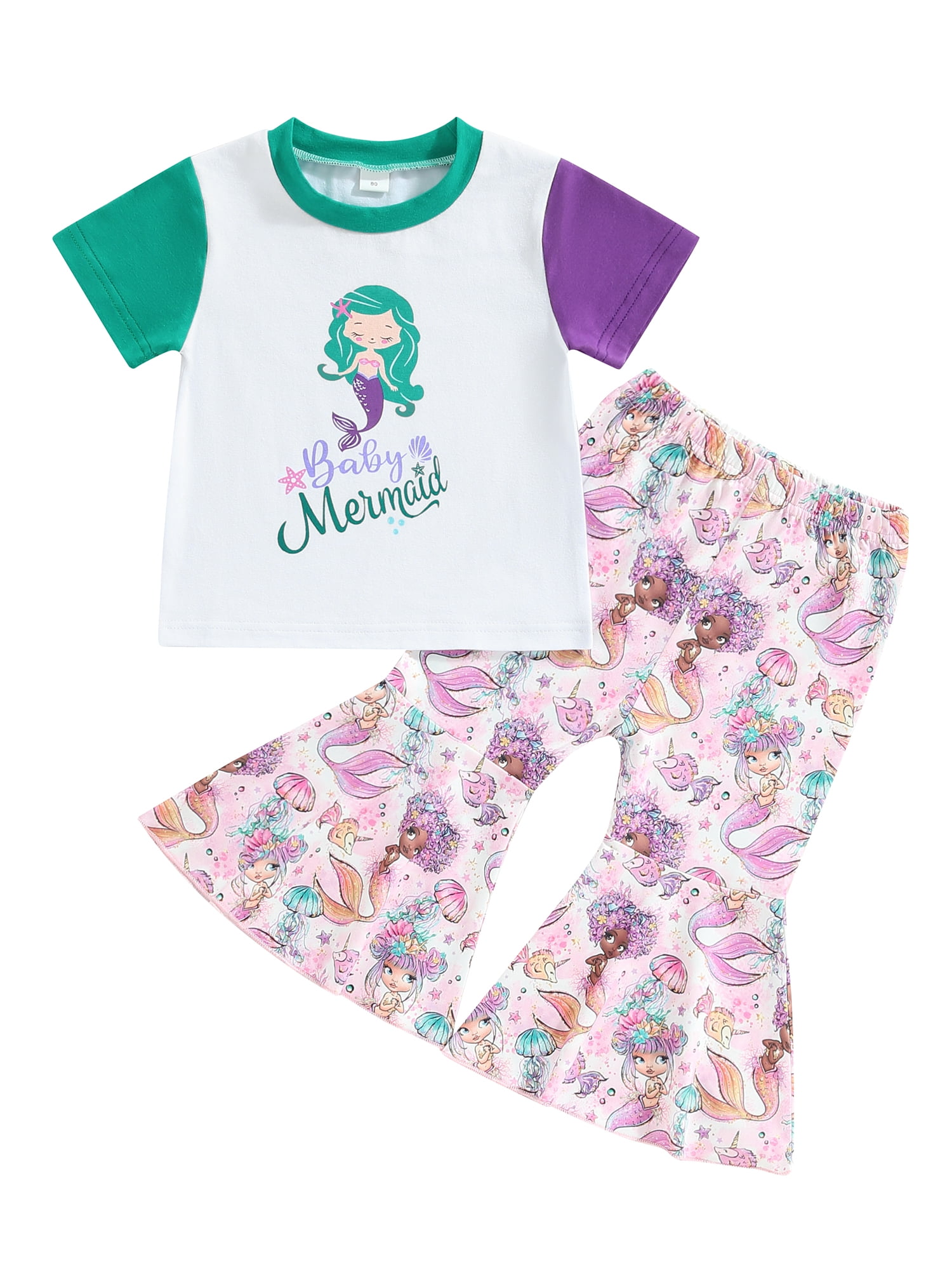 TOPGOD Mermaid Bell Bottoms Outfit Girl Short Sleeve Shirt Cartoon ...