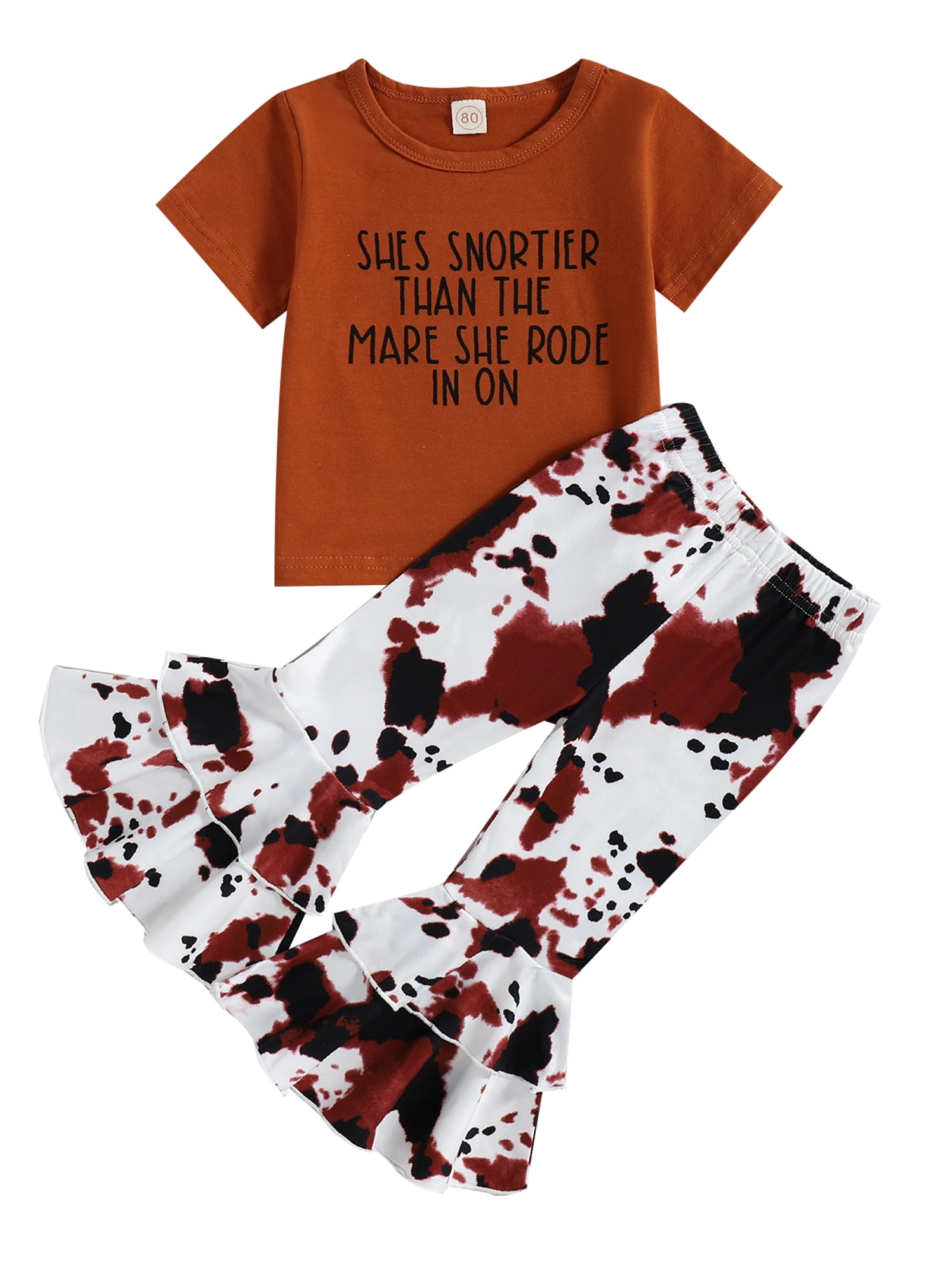 TOPGOD Toddler Girls Summer Outfits Short Sleeve Letter T-Shirt Cow Print Flare Pants Clothes ...