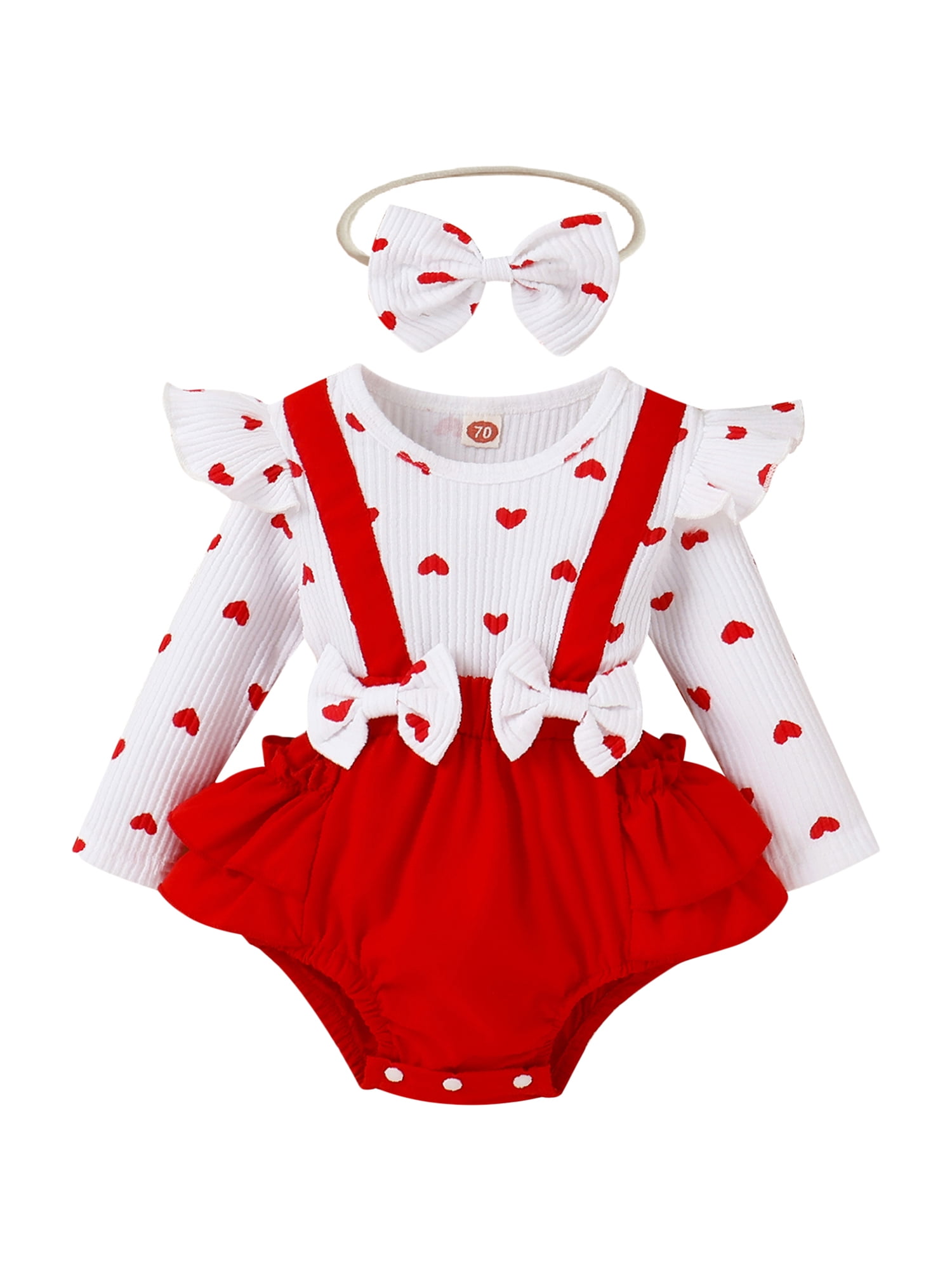 TOPGOD Valentine's Day Infant Girls Romper Heart Print Long Fly Sleeve Crew Neck Ruffles ...