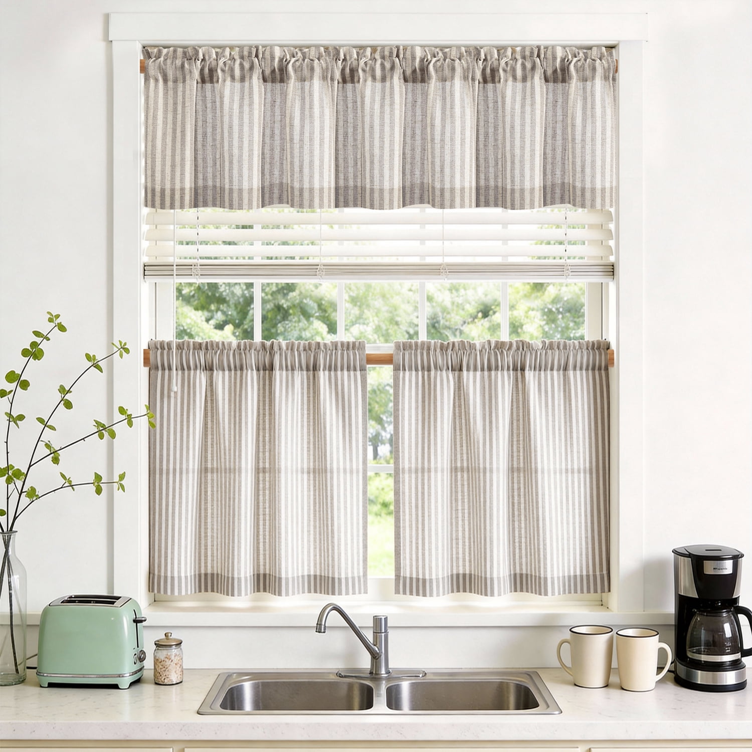 TOPICK Striped Kitchen Curtains and Valance Set 24 Inch Small Linen ...