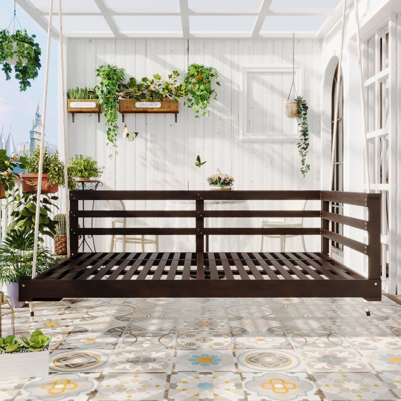 TOPMAX Acacia Wood Porch Swing Bed for Outdoor with Hemp Ropes - Full ...