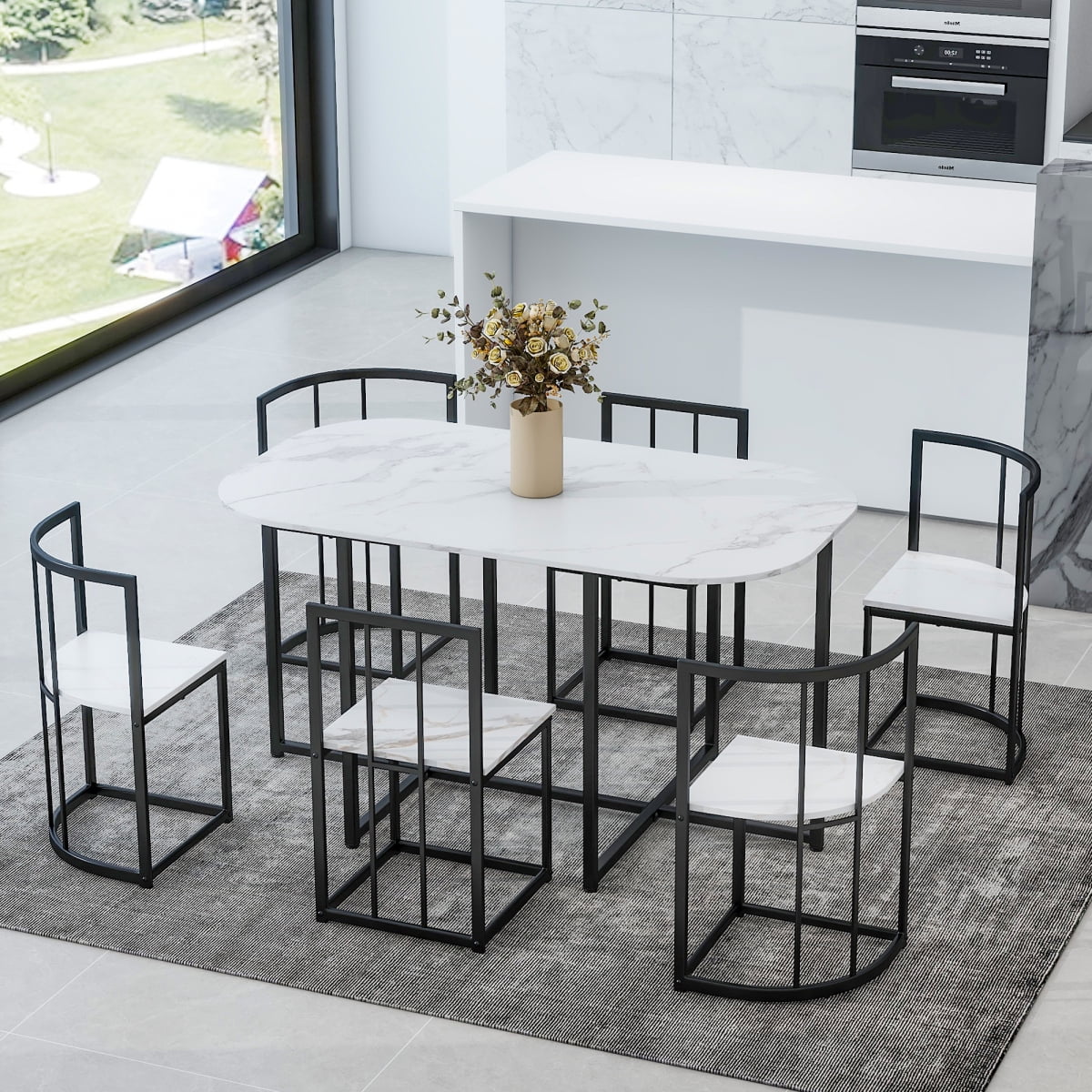 TOPMAX Modern 7-Piece Dining Table Set with Faux Marble Compact 55Inch ...