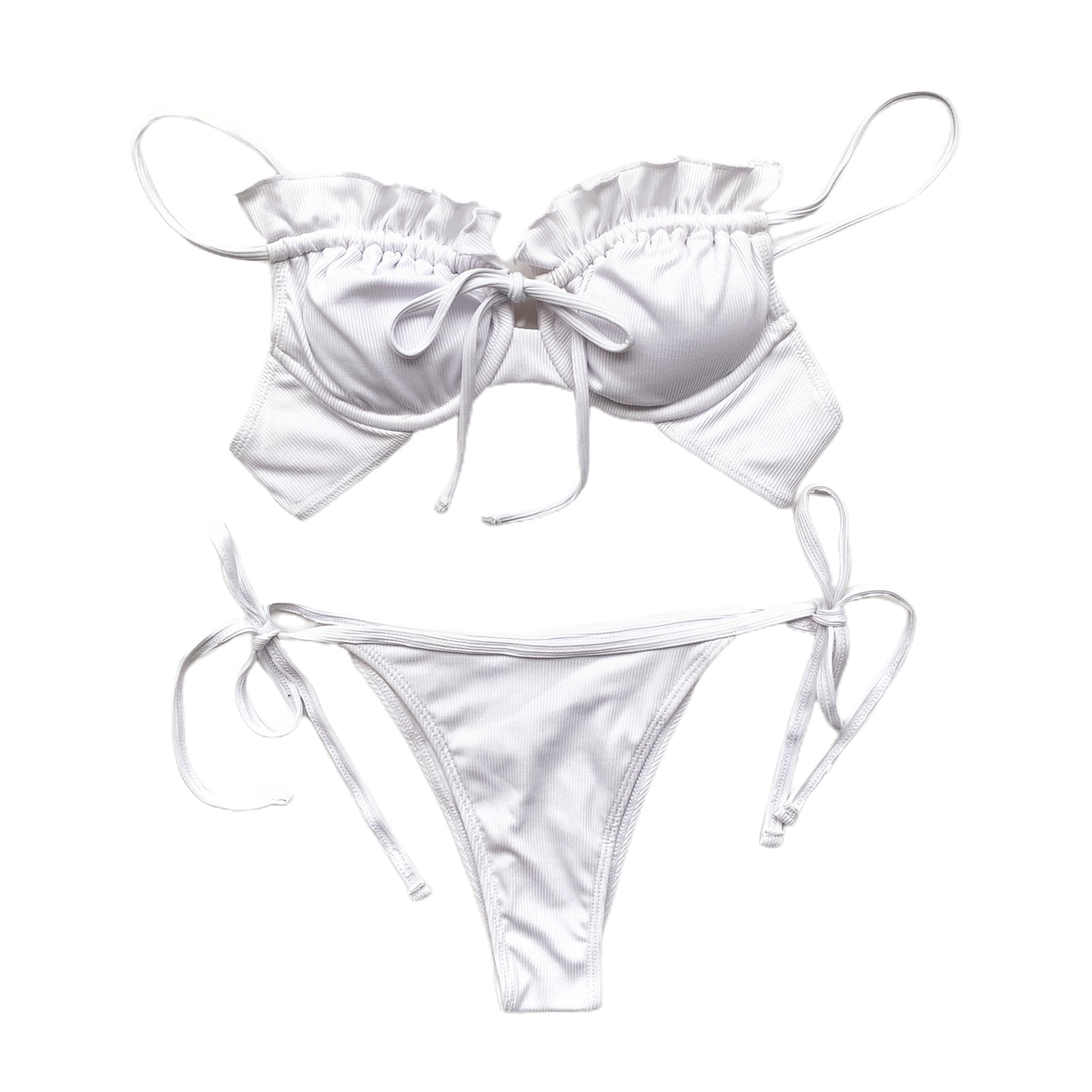 Topoint Womens Strapless Ribbed Tie Back Ruffle Cutout Bandeau Bikini