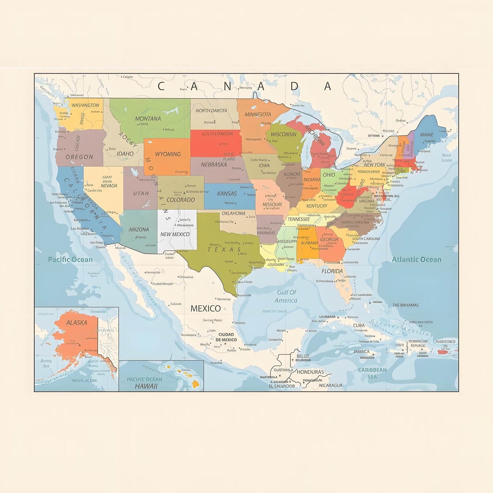 TOPRenddon Retro Color Map of United States USA Updated with Gul-f of ...