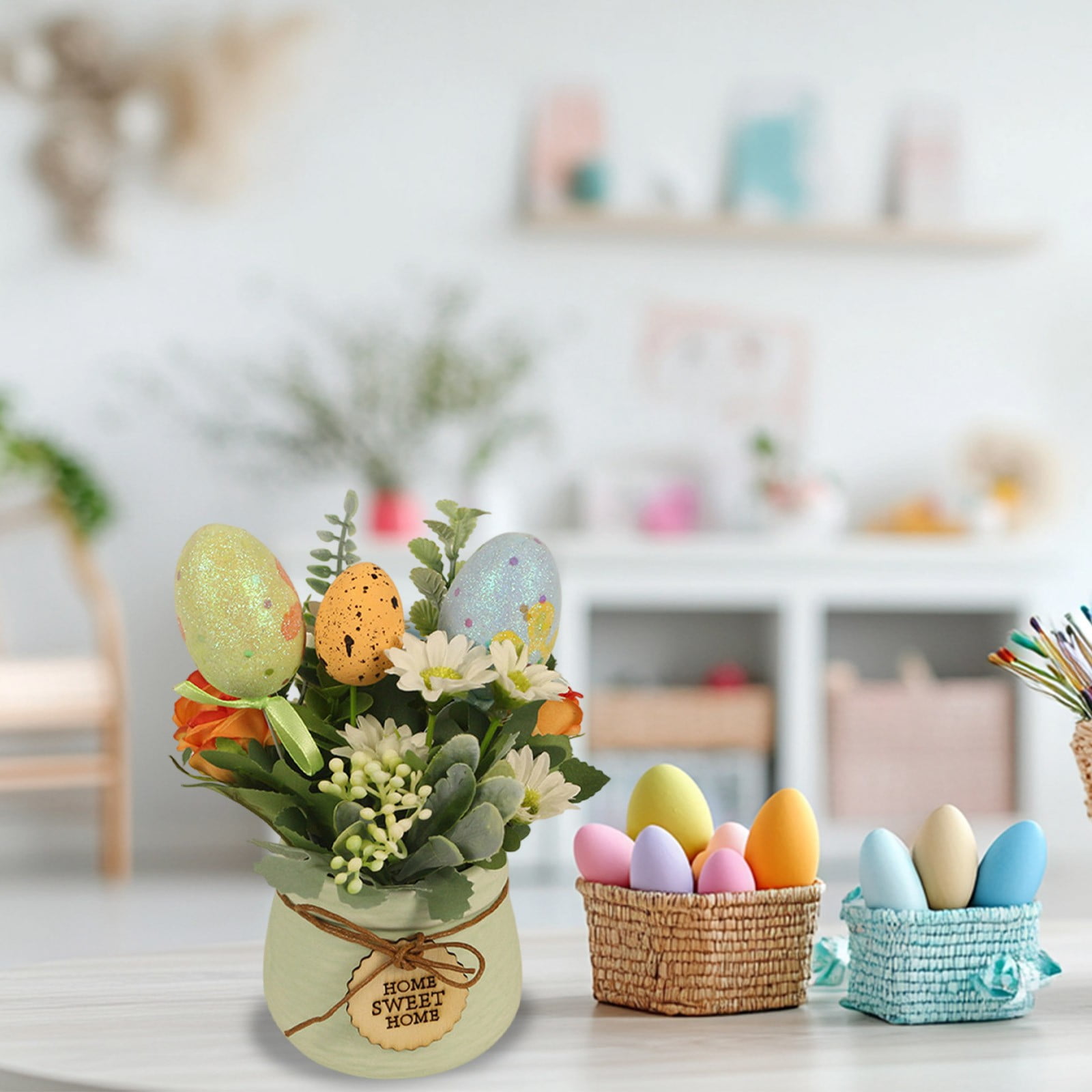 TOPRenddon Ceramic Easter Egg Planter with Artificial Flowers - 7" Faux ...