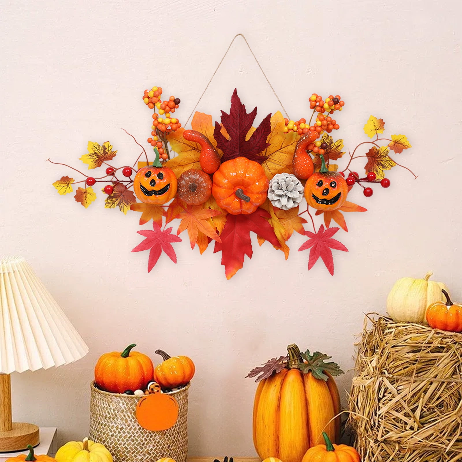 TOPRenddon Halloween Pumpkin Maple Leaf Wreath Autumns Maple Leaf And ...