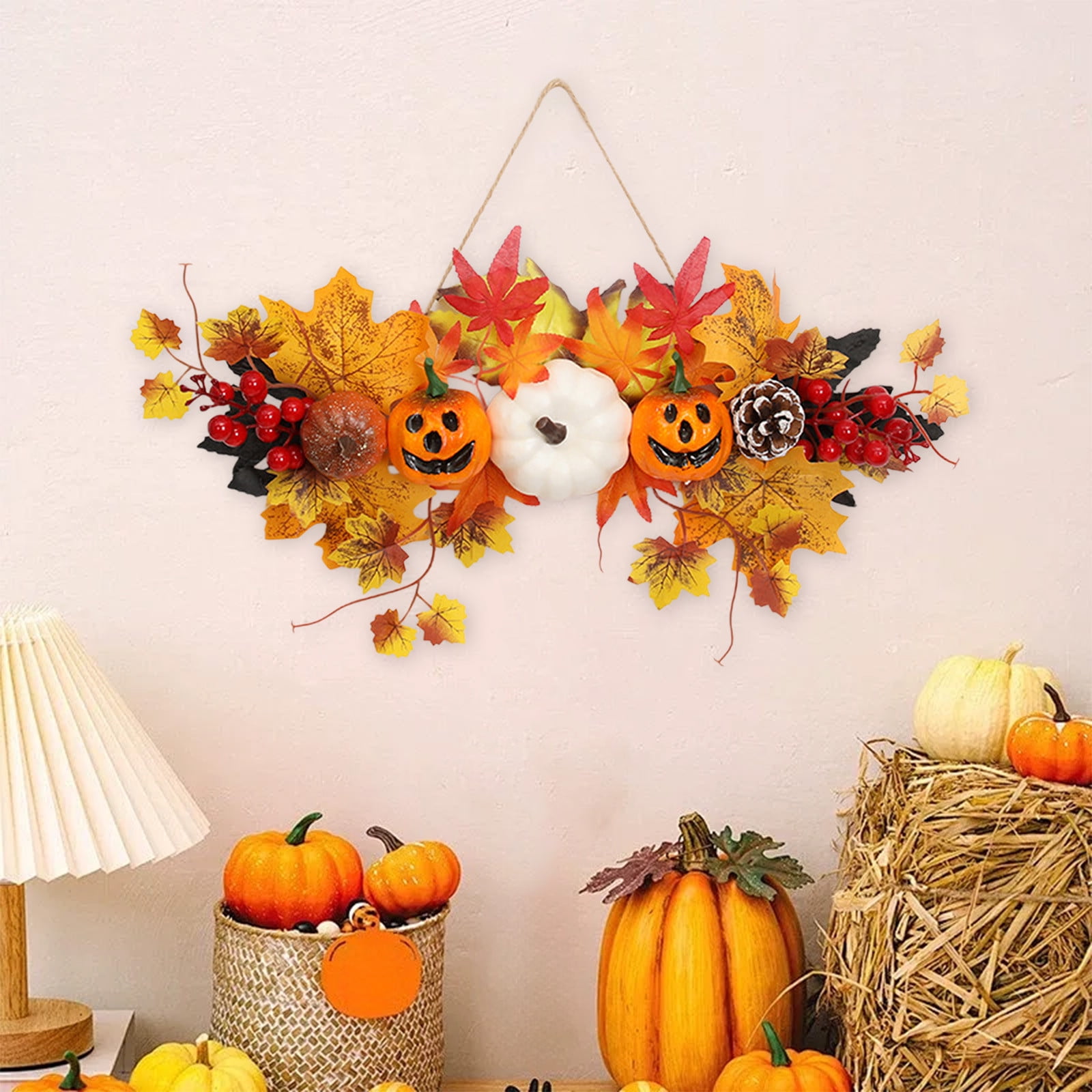 TOPRenddon Halloween Pumpkin Maple Leaf Wreath Autumns Maple Leaf And ...