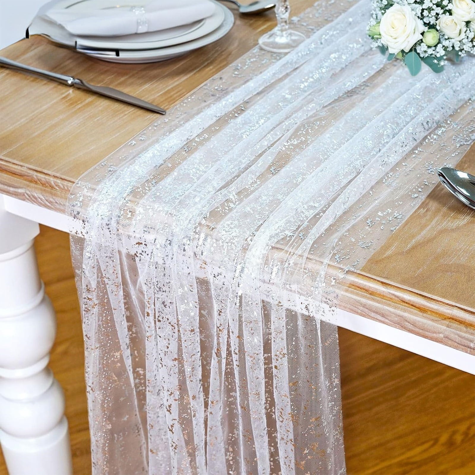 TOPRenddon Silver Table Runner 28.4''x120'', Sequin Glitter Metallic ...