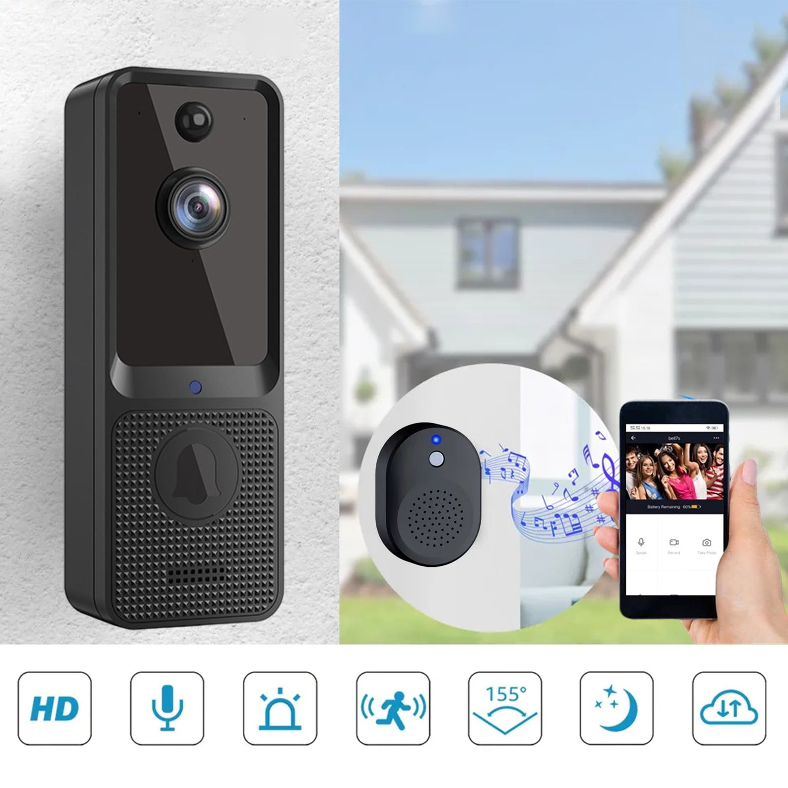 TOPRenddon Video Doorbell Camera Wireless, WIFI Wireless Video Doorbell ...