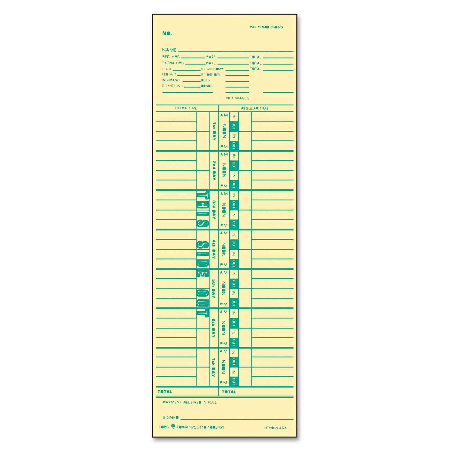 TOPS 1255 3.5 in. x 10.5 in. 1-Side Time Clock Cards Replacement for 10 ...