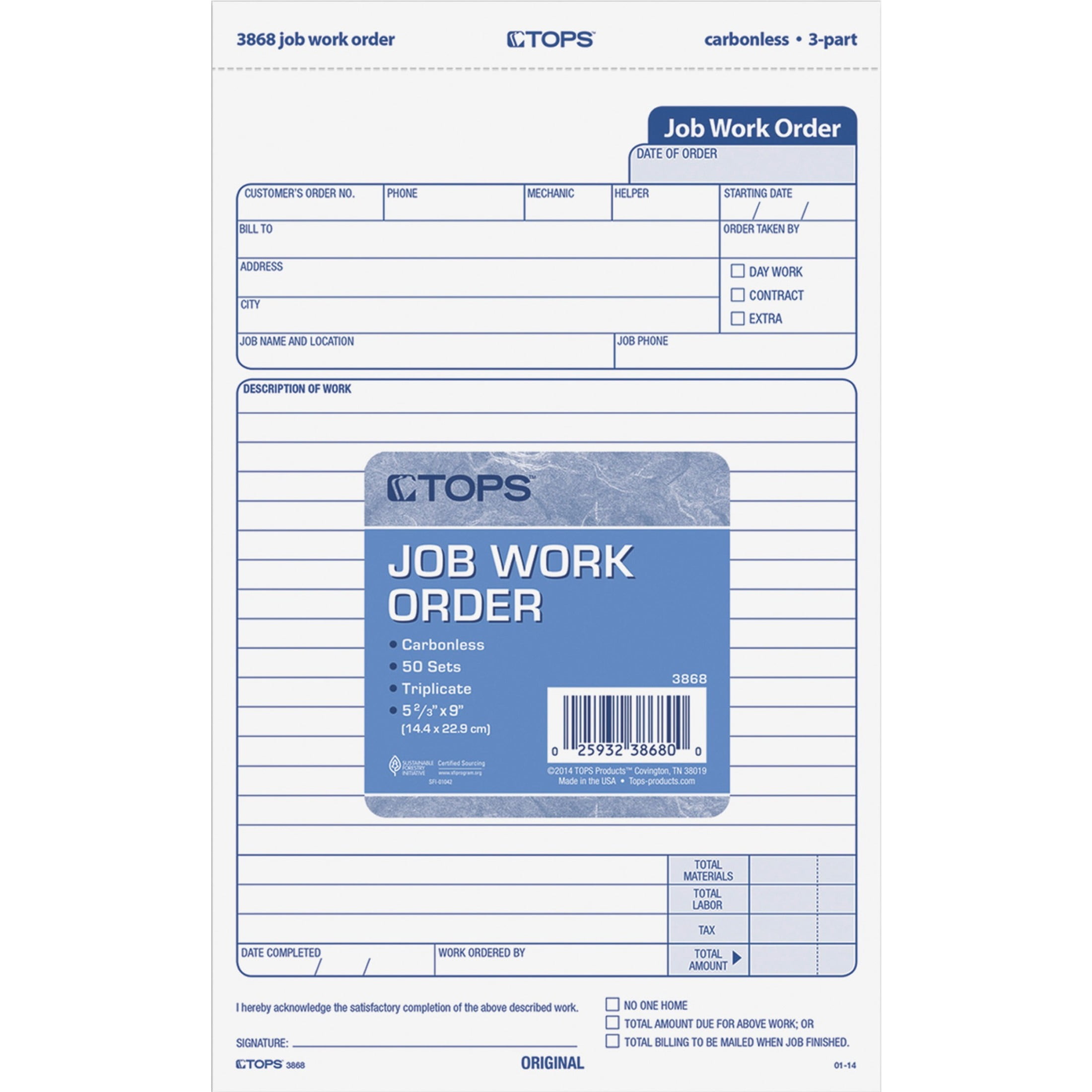 TOPS Carbonless 3-Part Job Work Order Forms, 50 Sets per Pack, TOP3868 ...