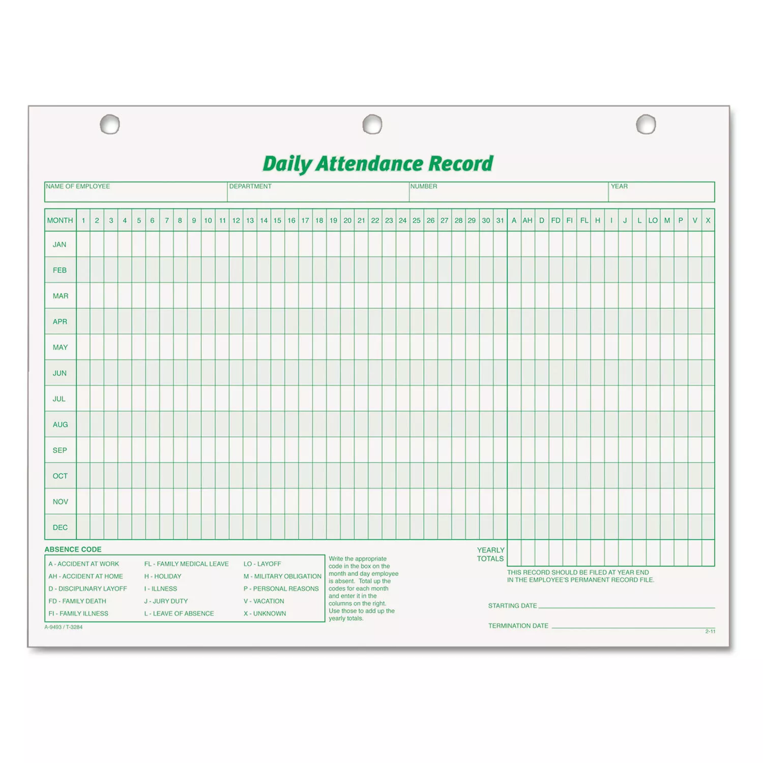 TOPS Daily Attendance Card 8 1/2 x 11 50 Forms 3284 - Walmart.com