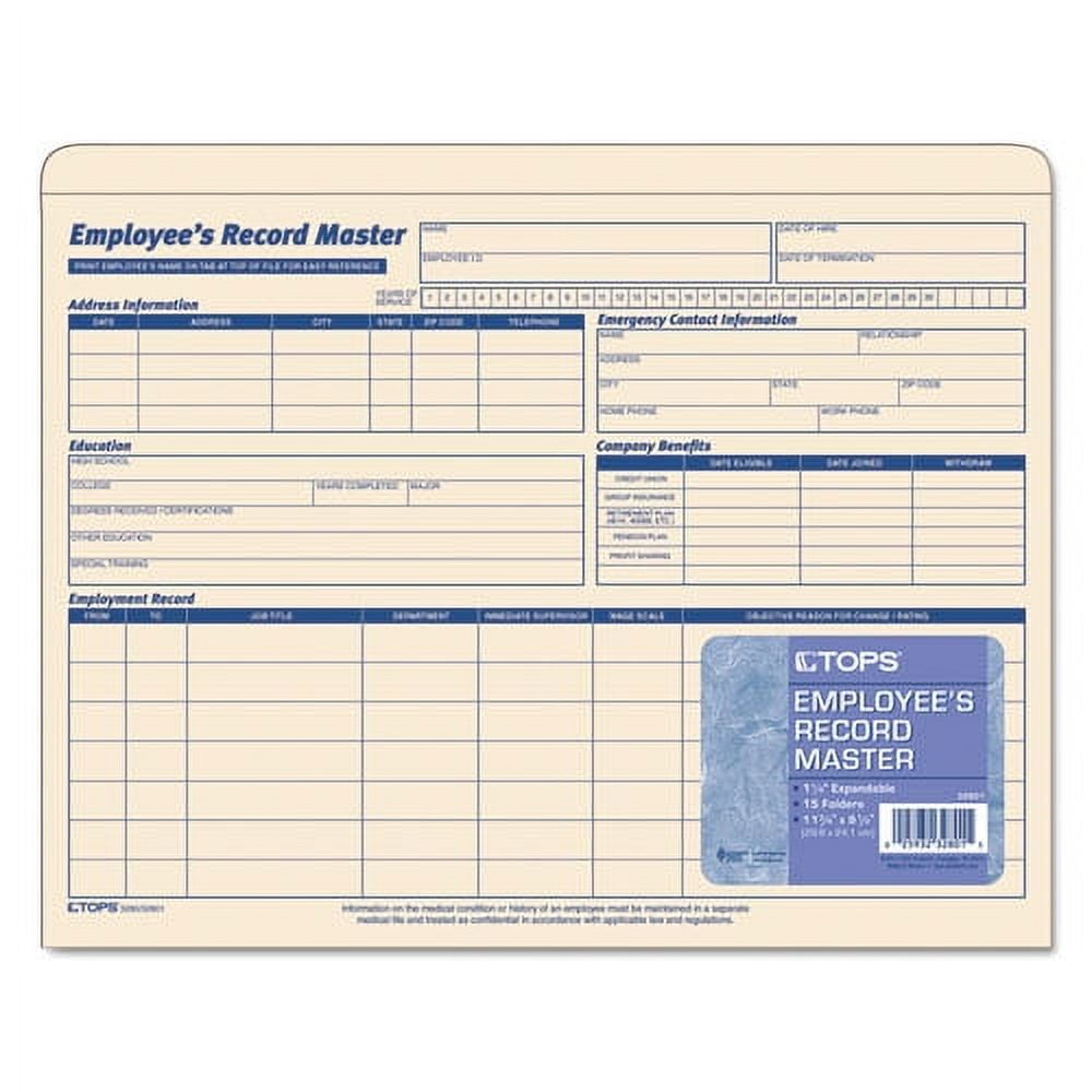 TOPS Employee Record Master File Jacket, Straight Tab, Letter Size ...