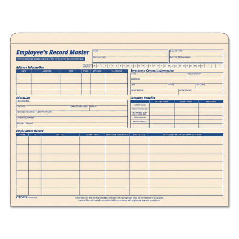 TOPS Employee Record Master File Jacket, Straight Tab, Letter Size ...