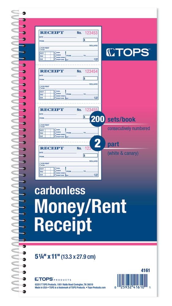 TOPS Money/Rent Receipt Book, 2-Part, Carbonless, 11 x 5.25 Inches, 4 ...