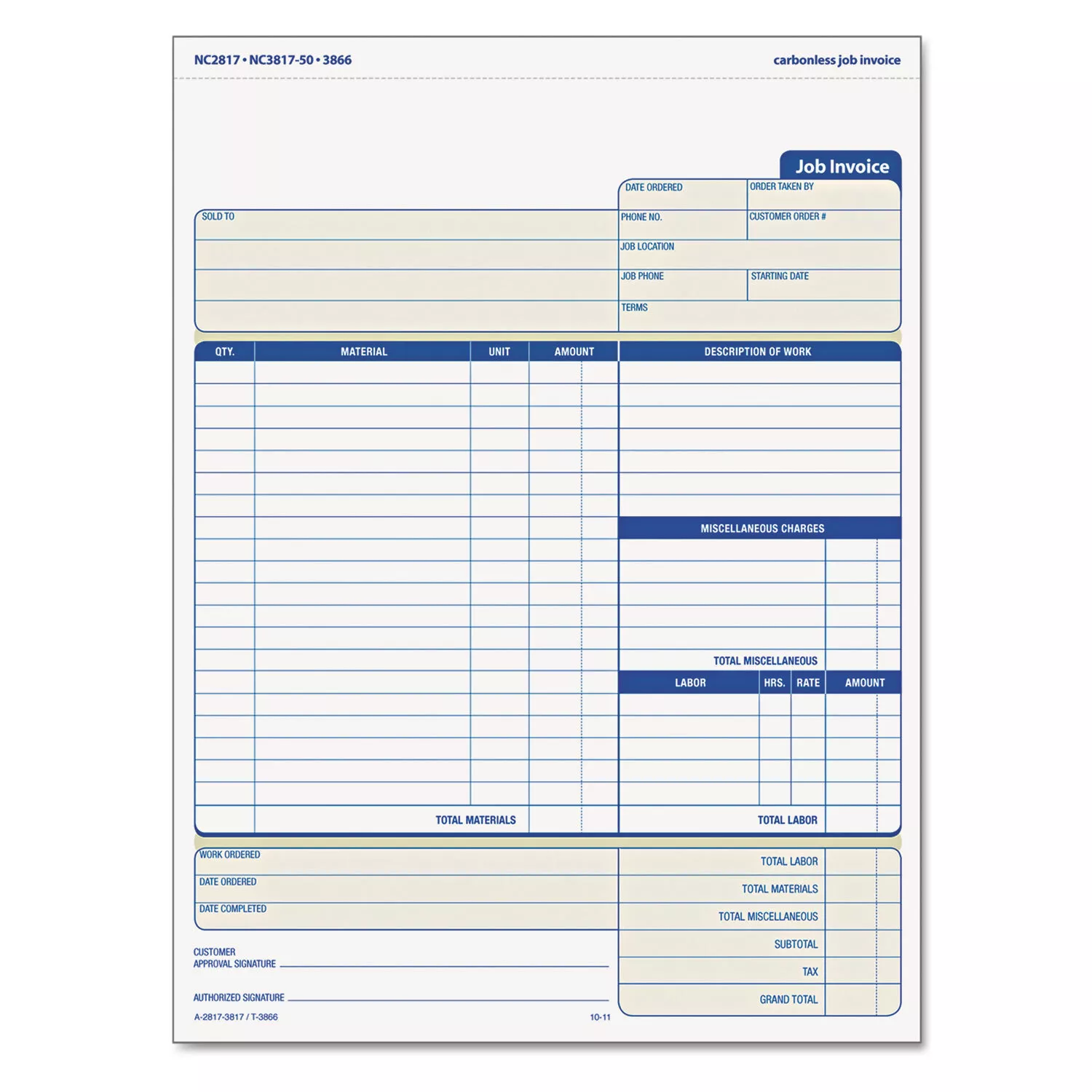 TOPS Snap-Off Job Invoice Form 8 1/2 x 11 5/8 Three-Part Carbonless 50 ...