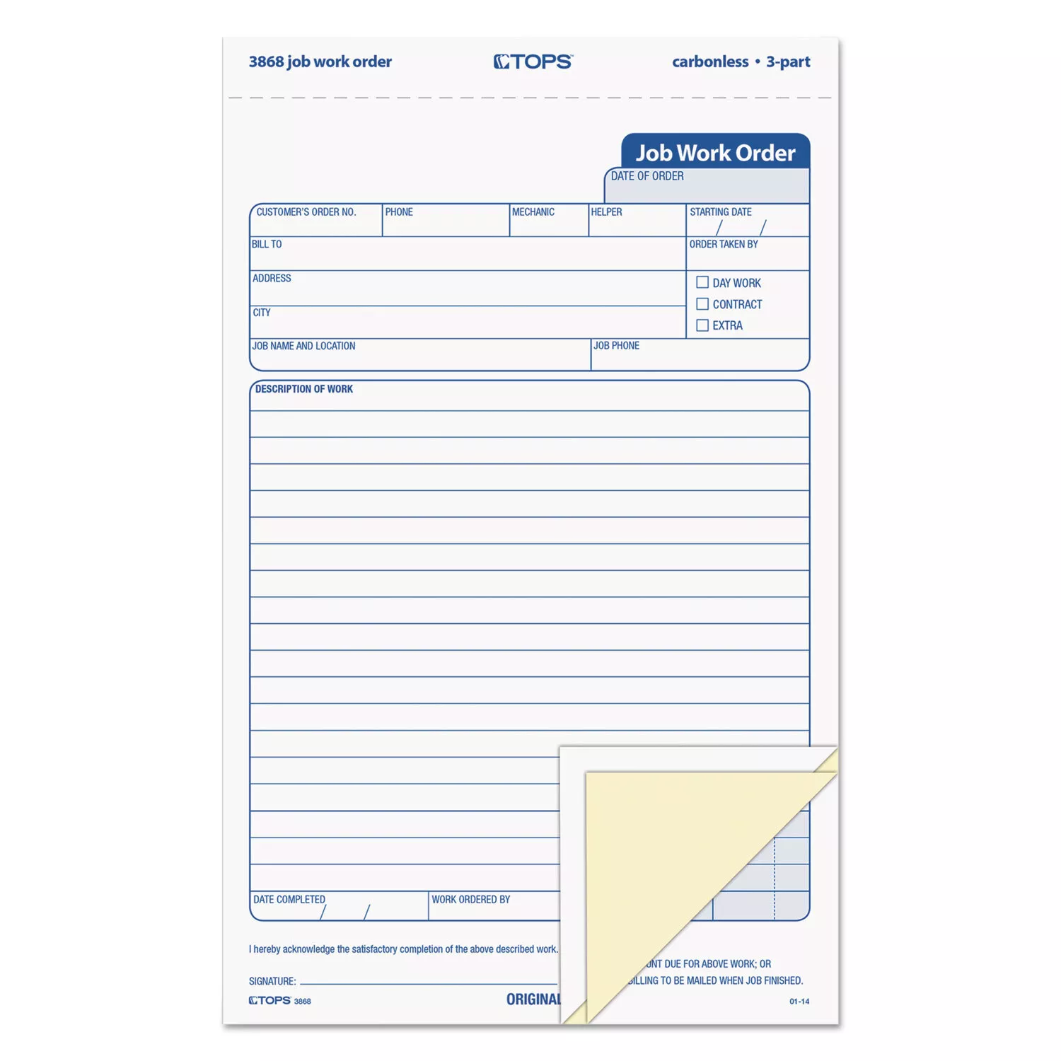 TOPS Snap-Off Job Work Order Form 5 2/3" x 8 5/8" Three-Part Carbonless ...