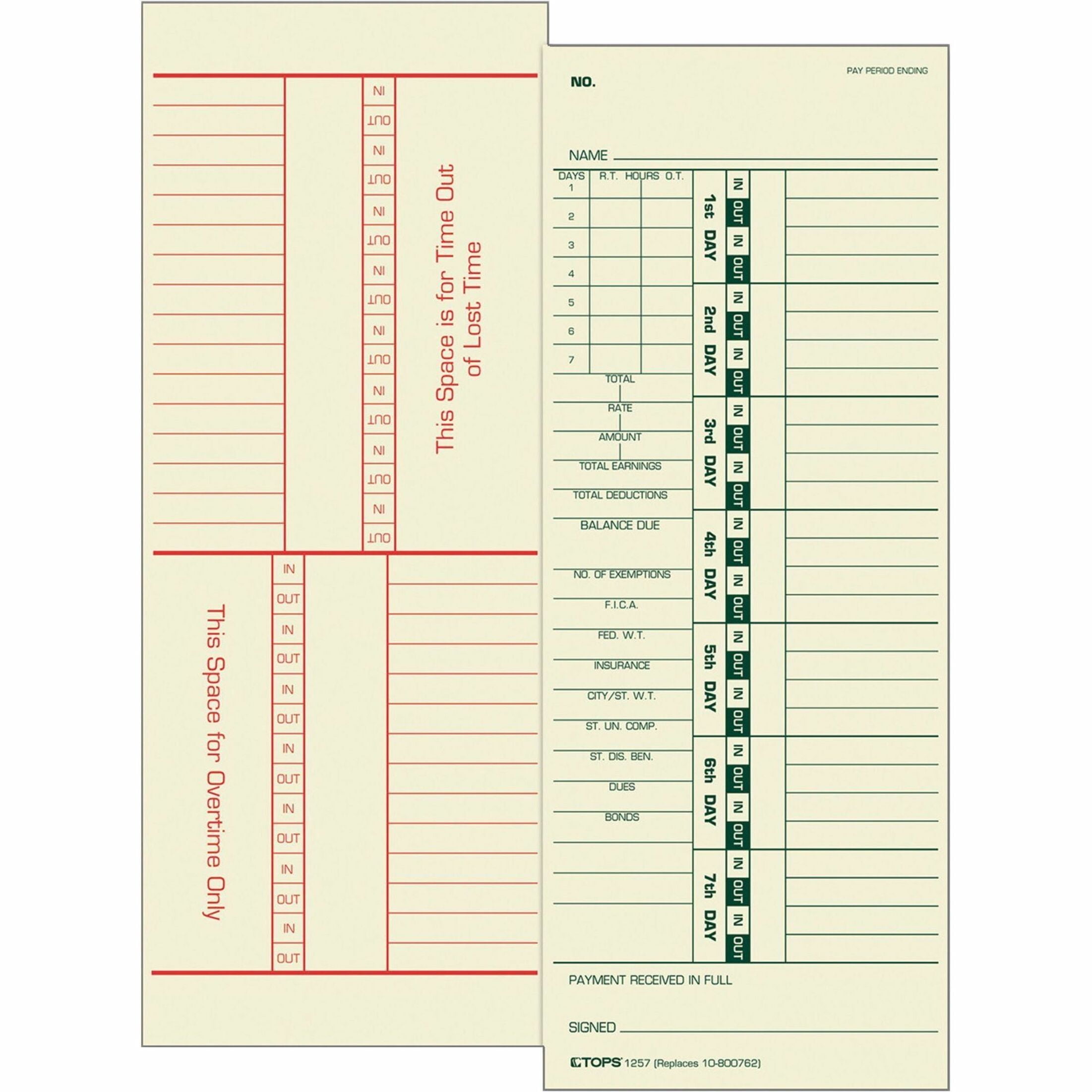 TOPS, TOP1257, Numbered Days/Full Payroll Time Cards, 500 / Box, Yellow ...