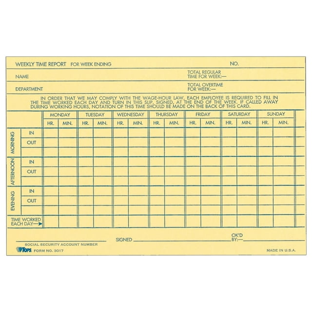 TOPS, TOP3017, Handwritten Weekly/Overtime Time Cards, 100 / Pack ...